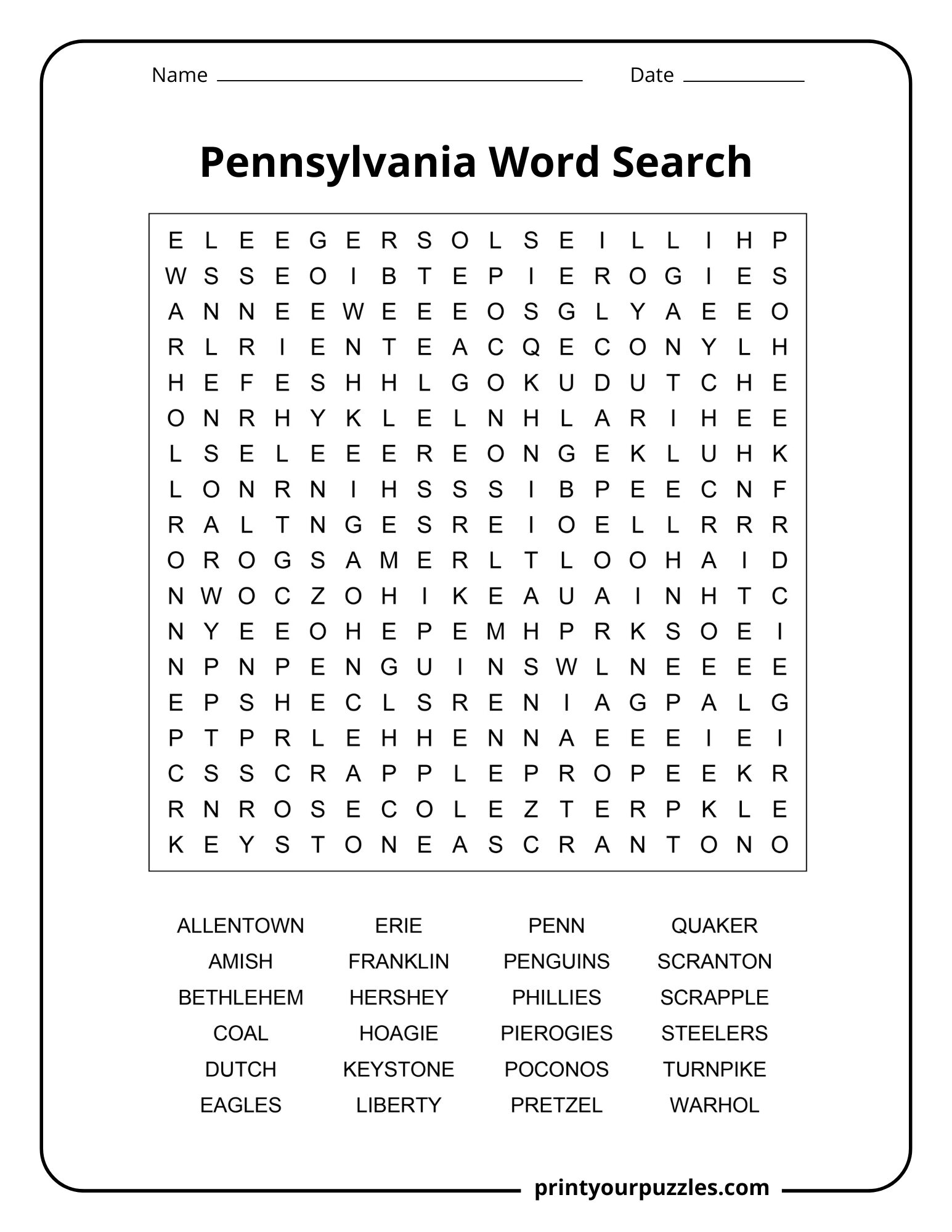 Pennsylvania Word Search | Print Your Puzzles