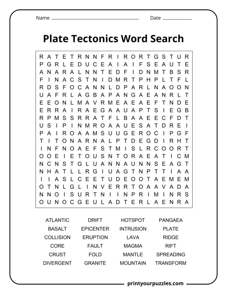 Plate Tectonics Word Search | Print Your Puzzles