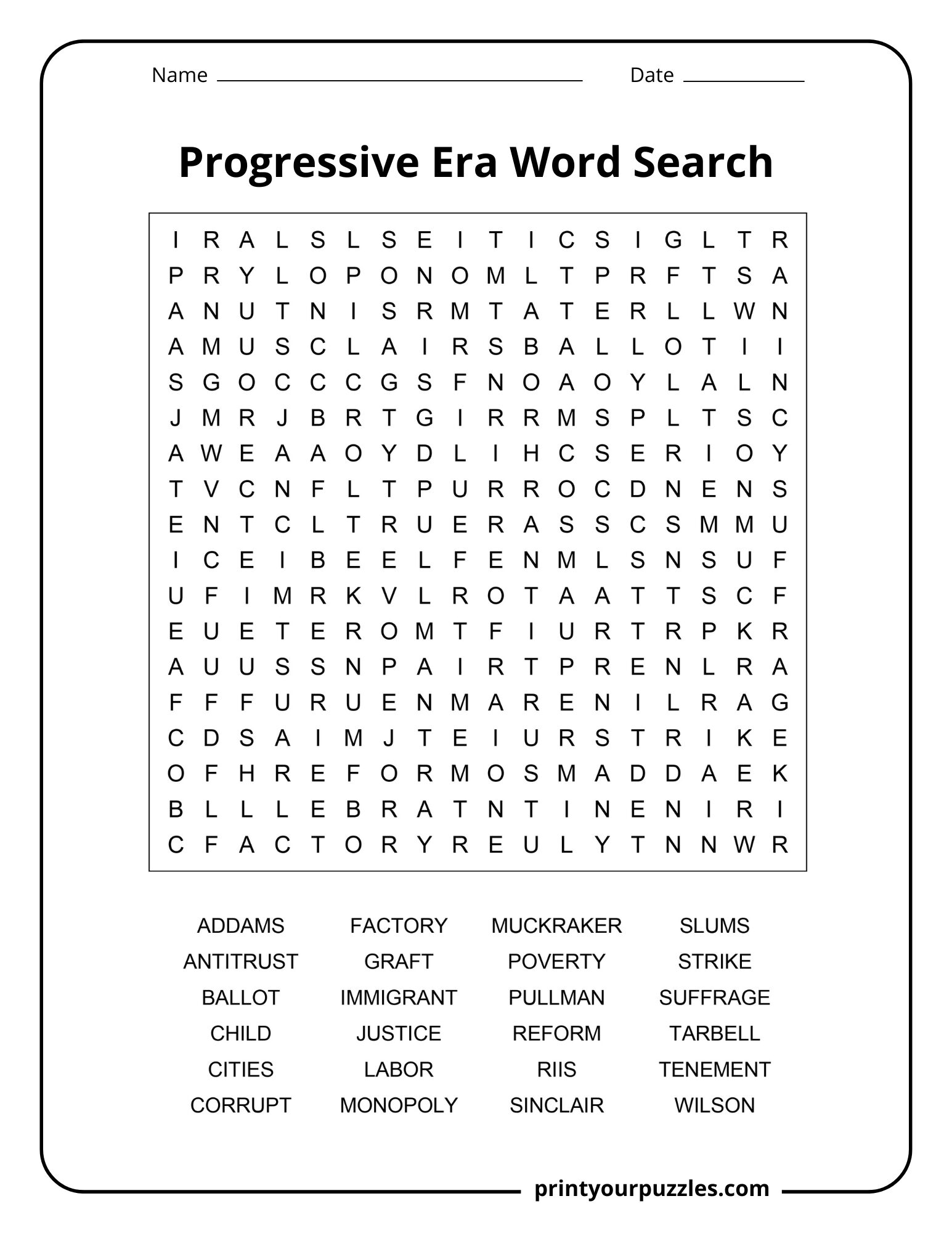 Progressive Era Word Search | Print Your Puzzles
