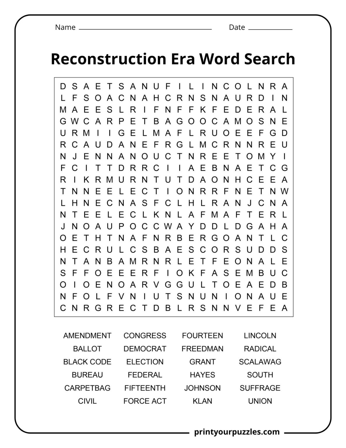 Reconstruction Era Word Search | Print Your Puzzles
