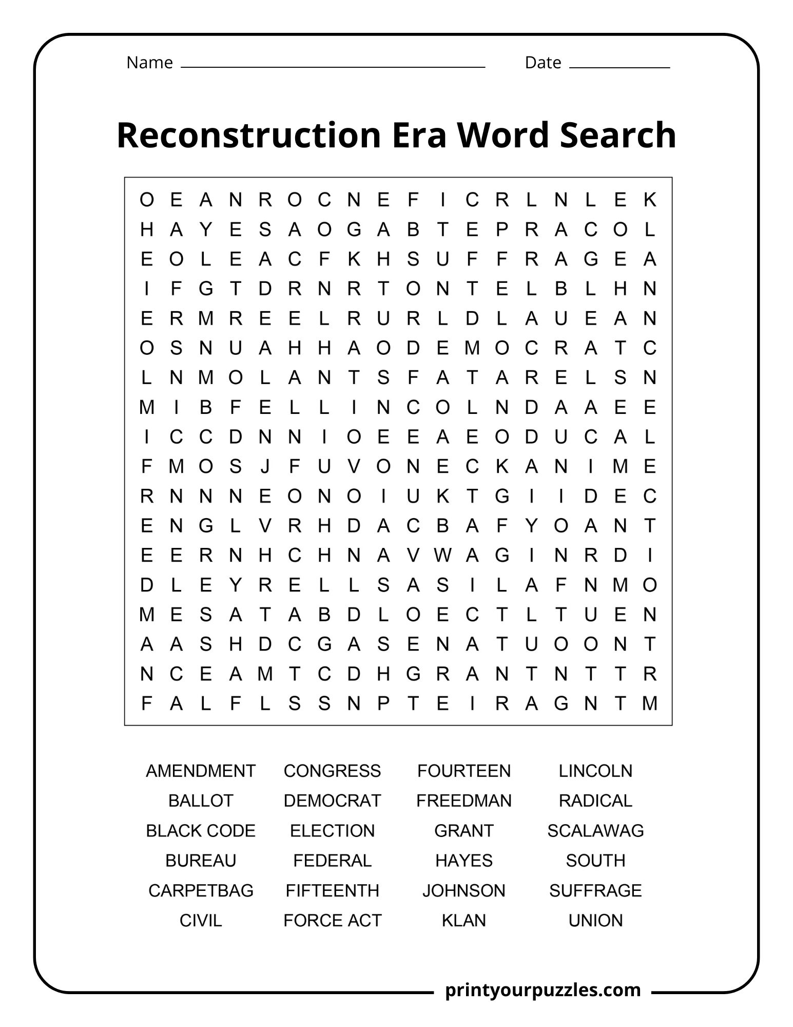 Reconstruction Era Word Search | Print Your Puzzles