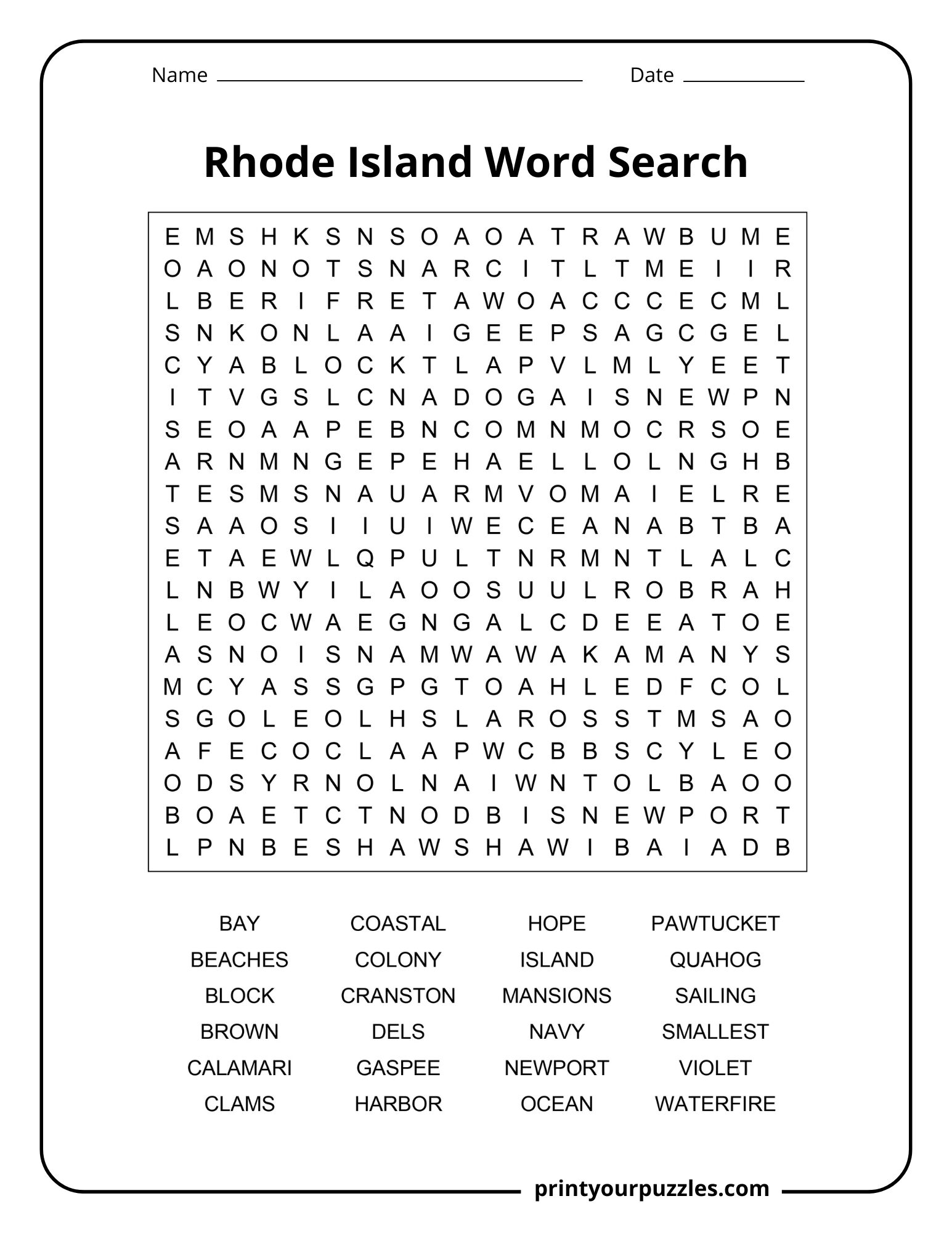 Rhode Island Word Search | Print Your Puzzles