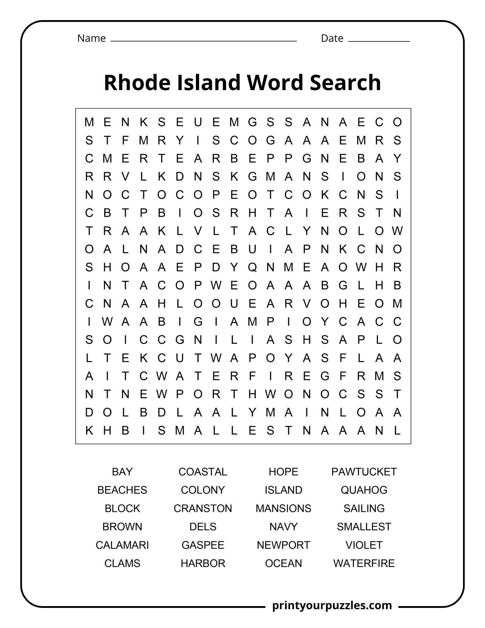 Rhode Island Word Search | Print Your Puzzles