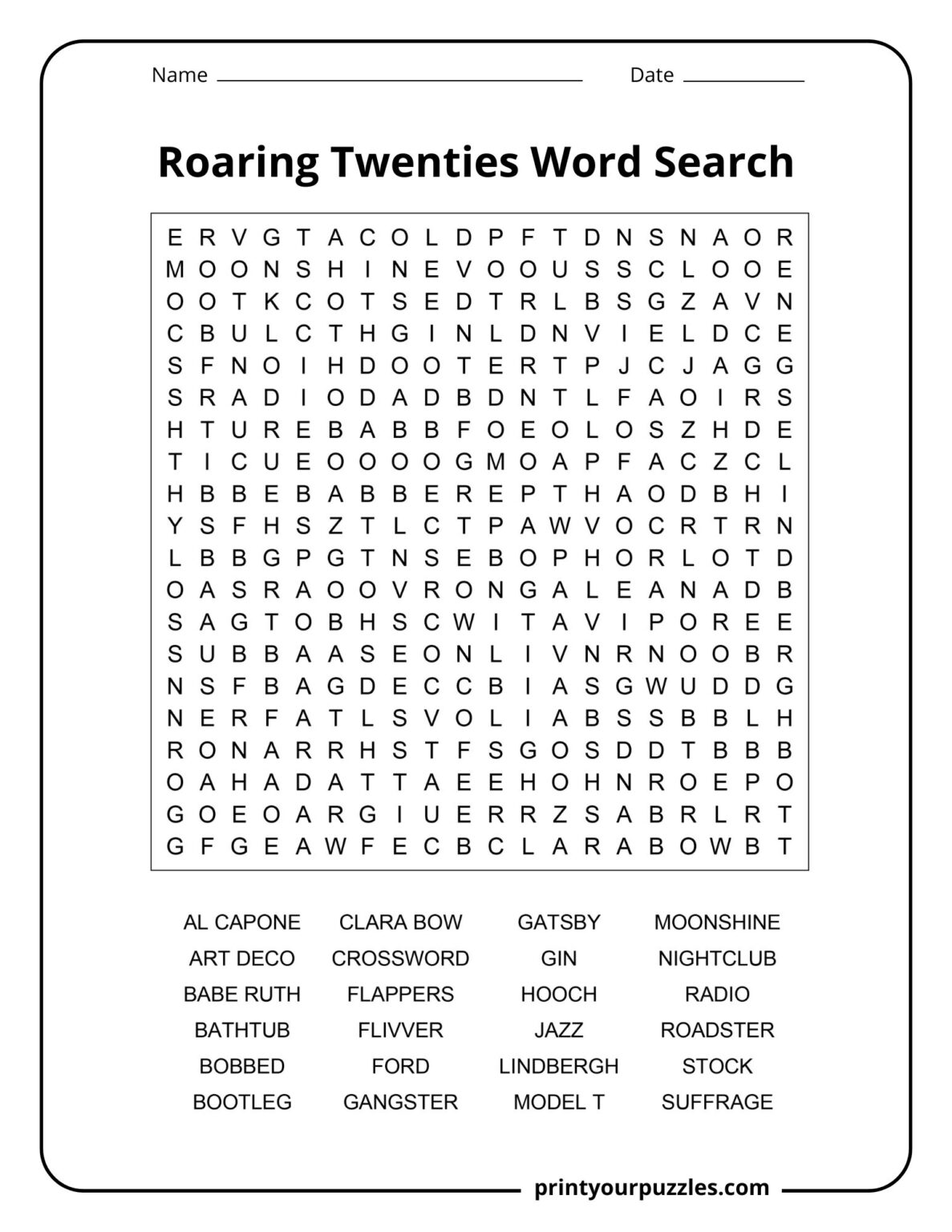 Roaring Twenties Word Search | Print Your Puzzles
