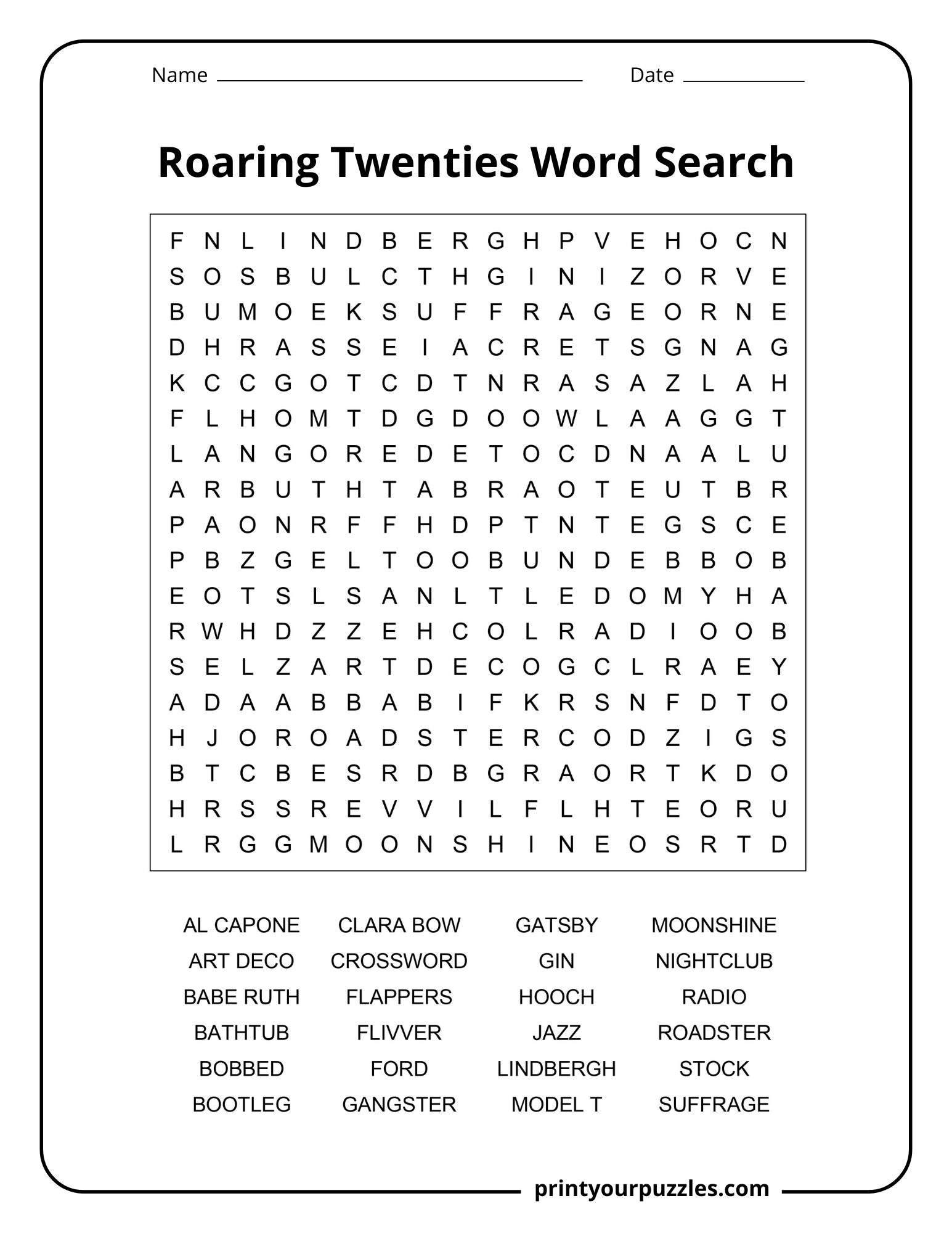 Roaring Twenties Word Search | Print Your Puzzles