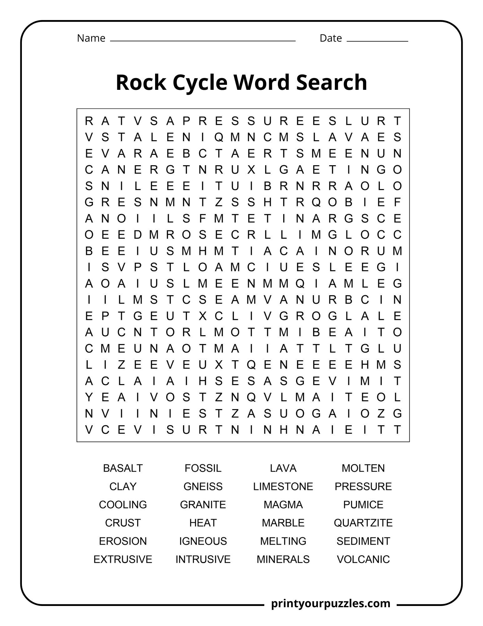 Rock Cycle Word Search | Print Your Puzzles