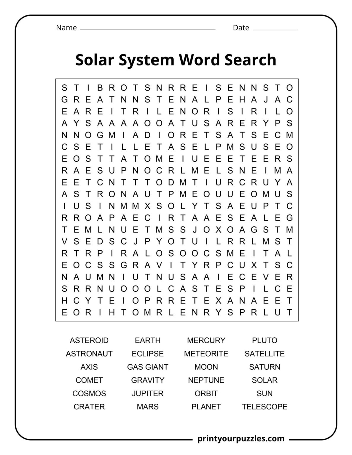 Solar System Word Search | Print Your Puzzles