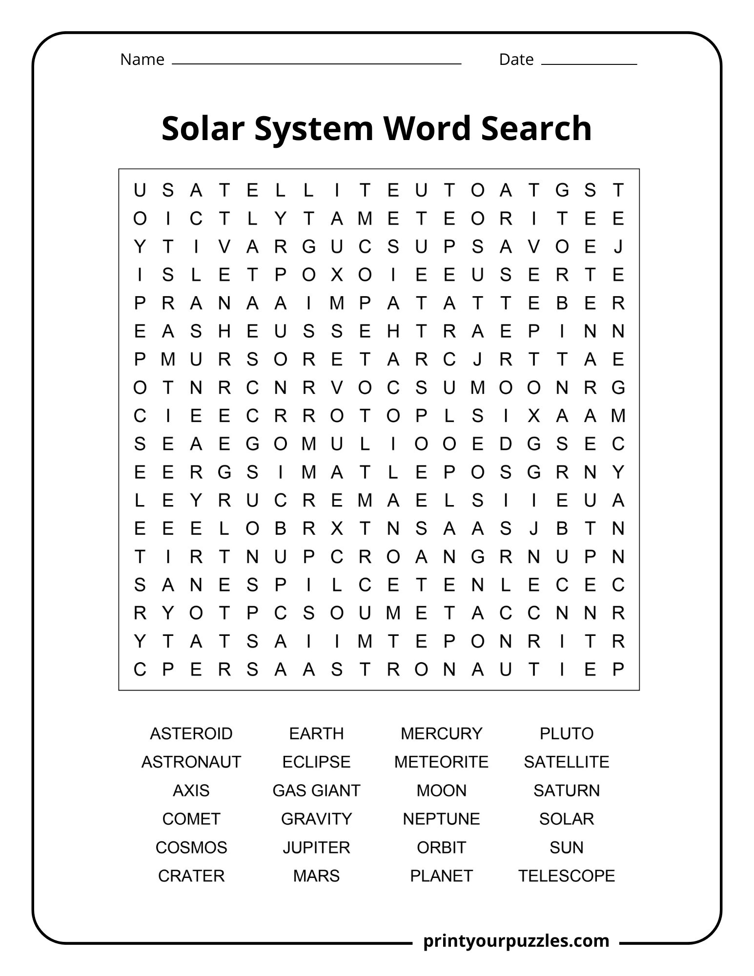 Solar System Word Search | Print Your Puzzles