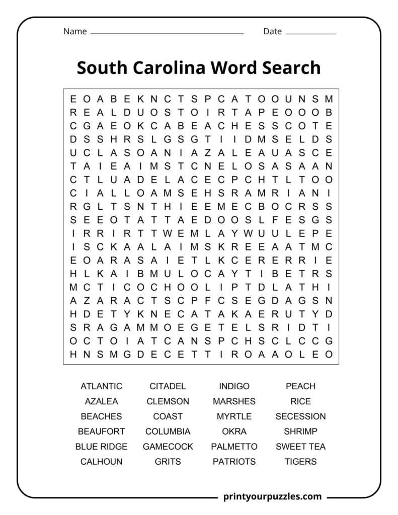 South Carolina Word Search | Print Your Puzzles