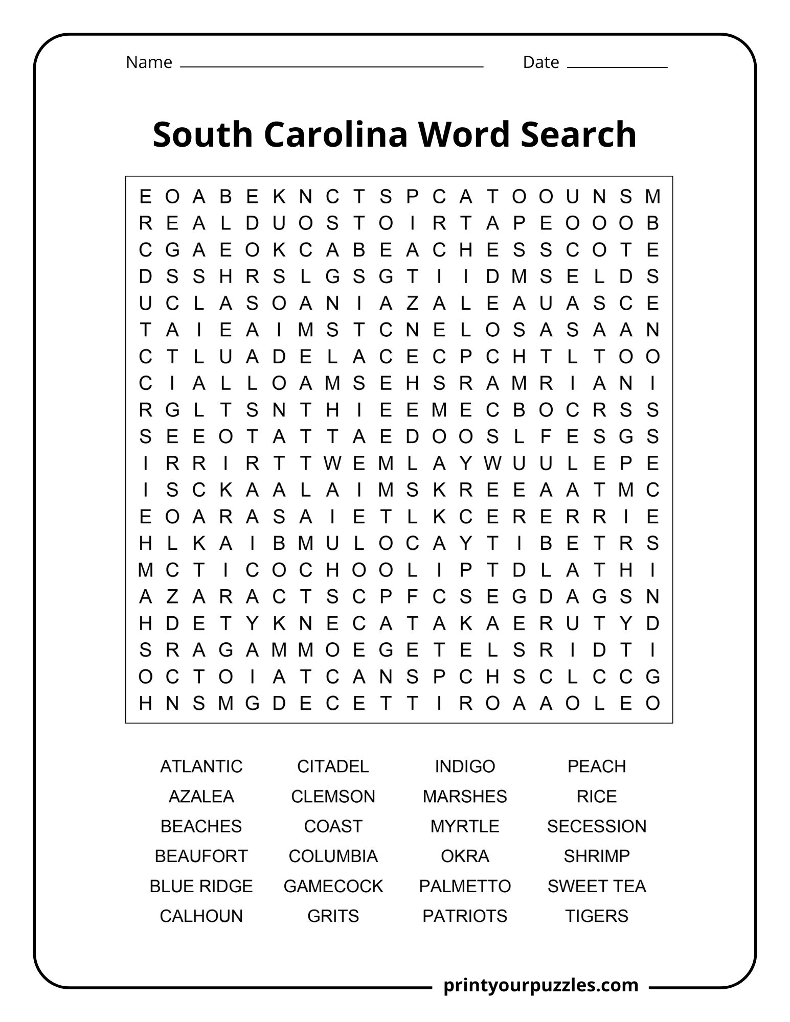 South Carolina Word Search | Print Your Puzzles