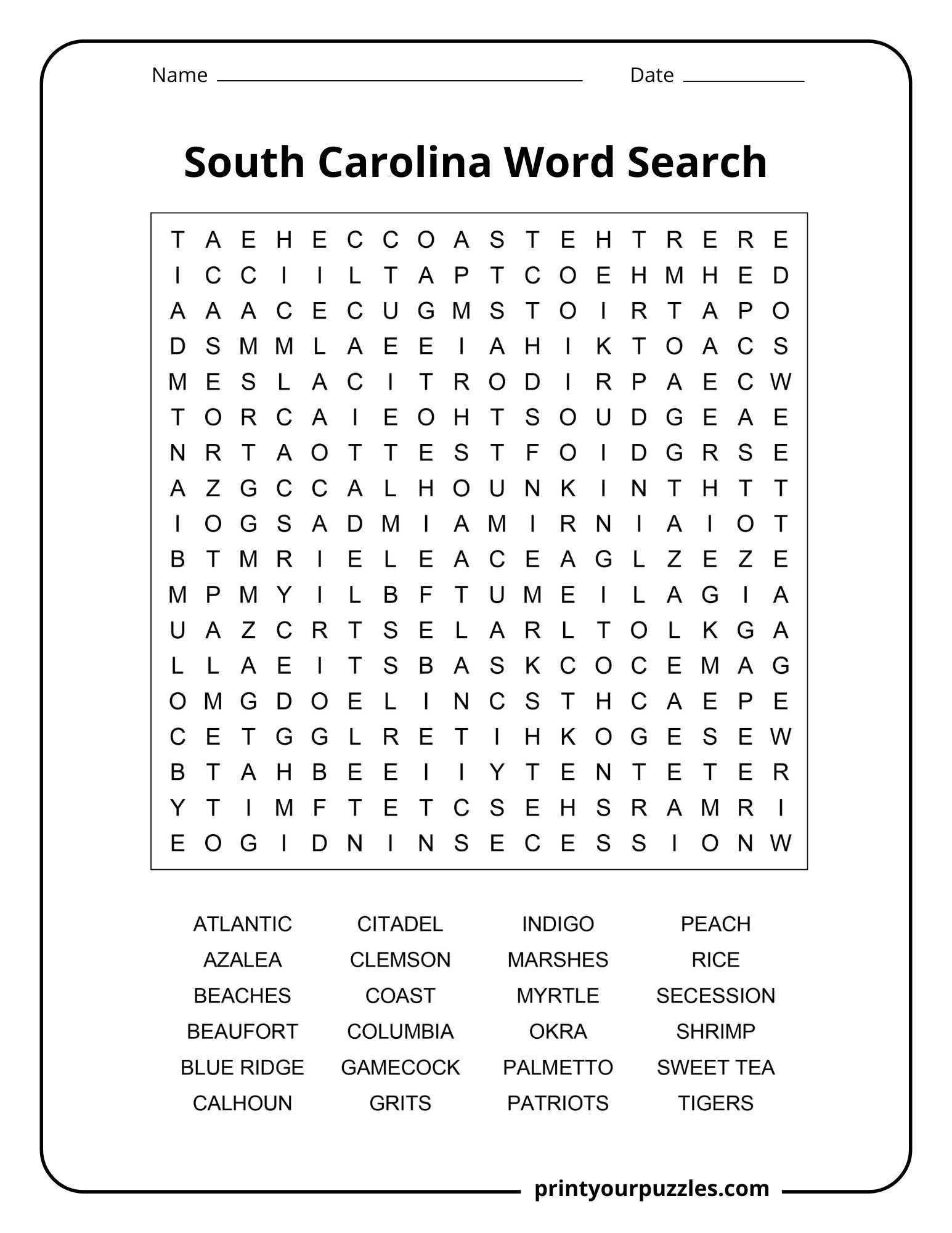South Carolina Word Search | Print Your Puzzles