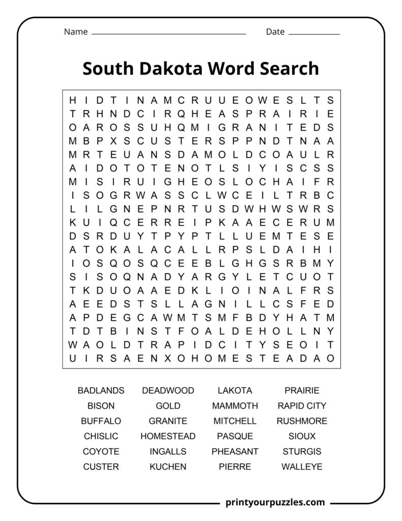 South Dakota Word Search | Print Your Puzzles