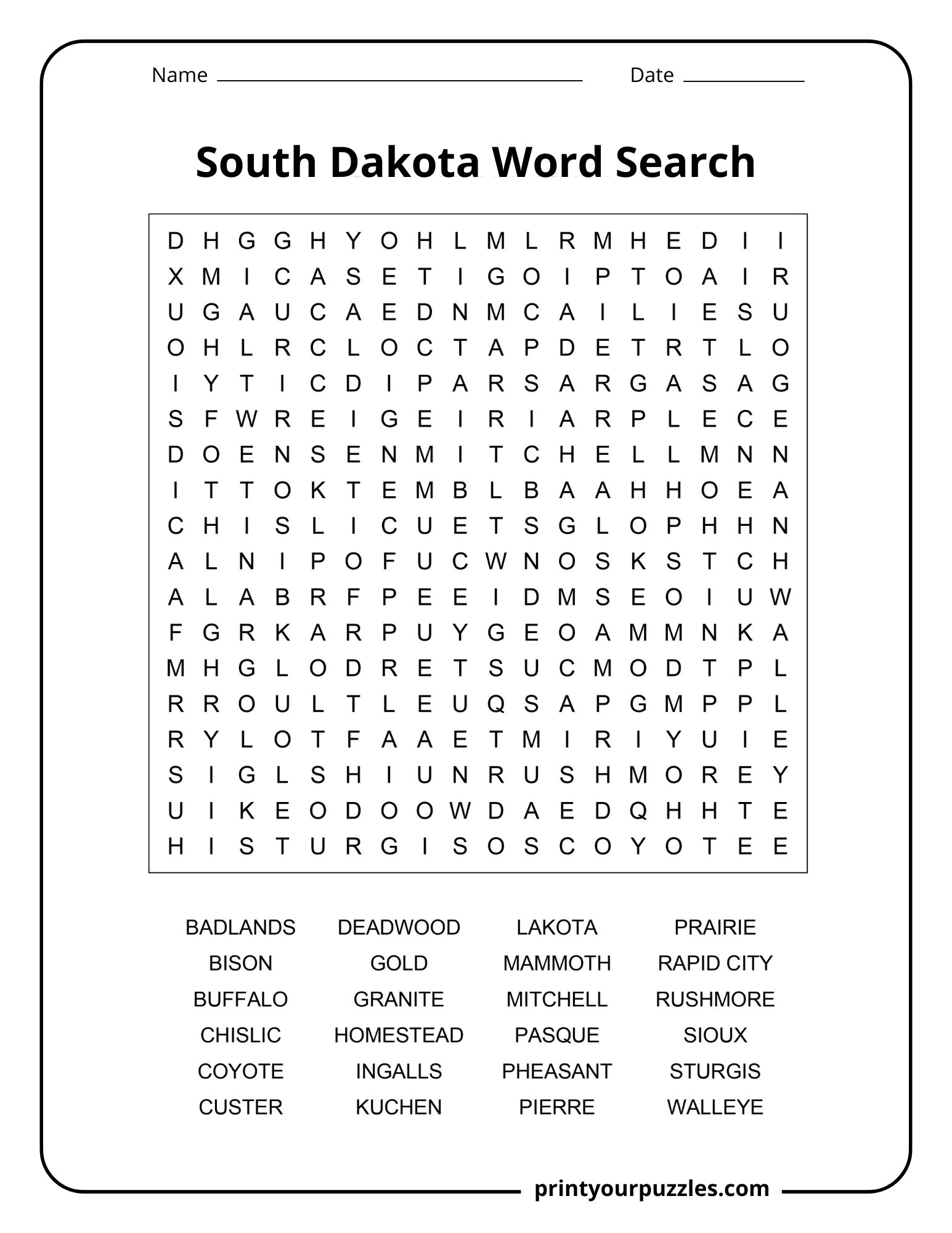 South Dakota Word Search | Print Your Puzzles