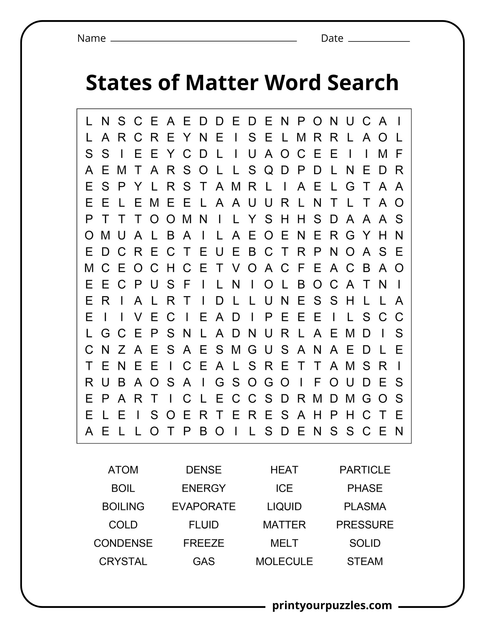 States Of Matter Word Search | Print Your Puzzles