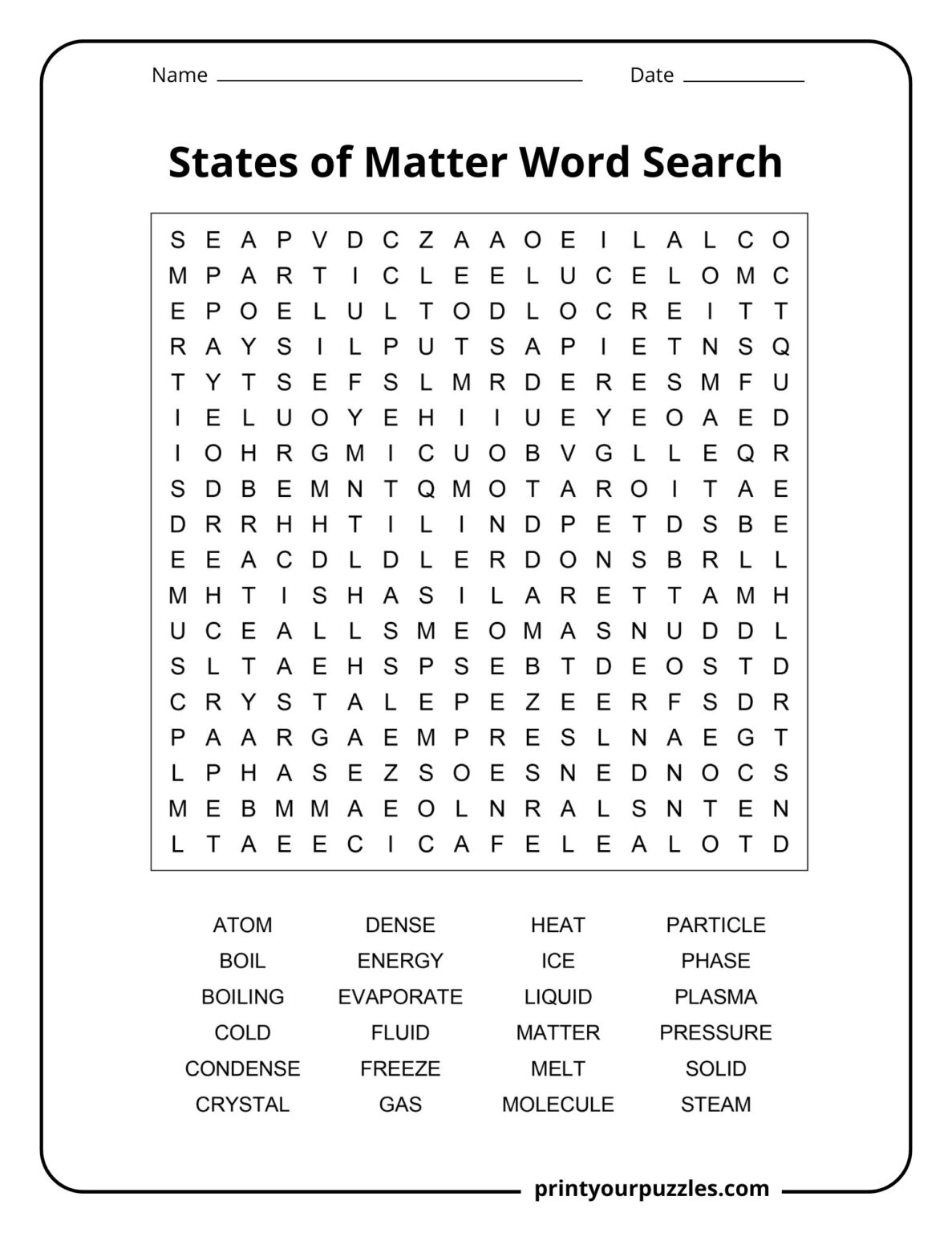 States Of Matter Word Search | Print Your Puzzles