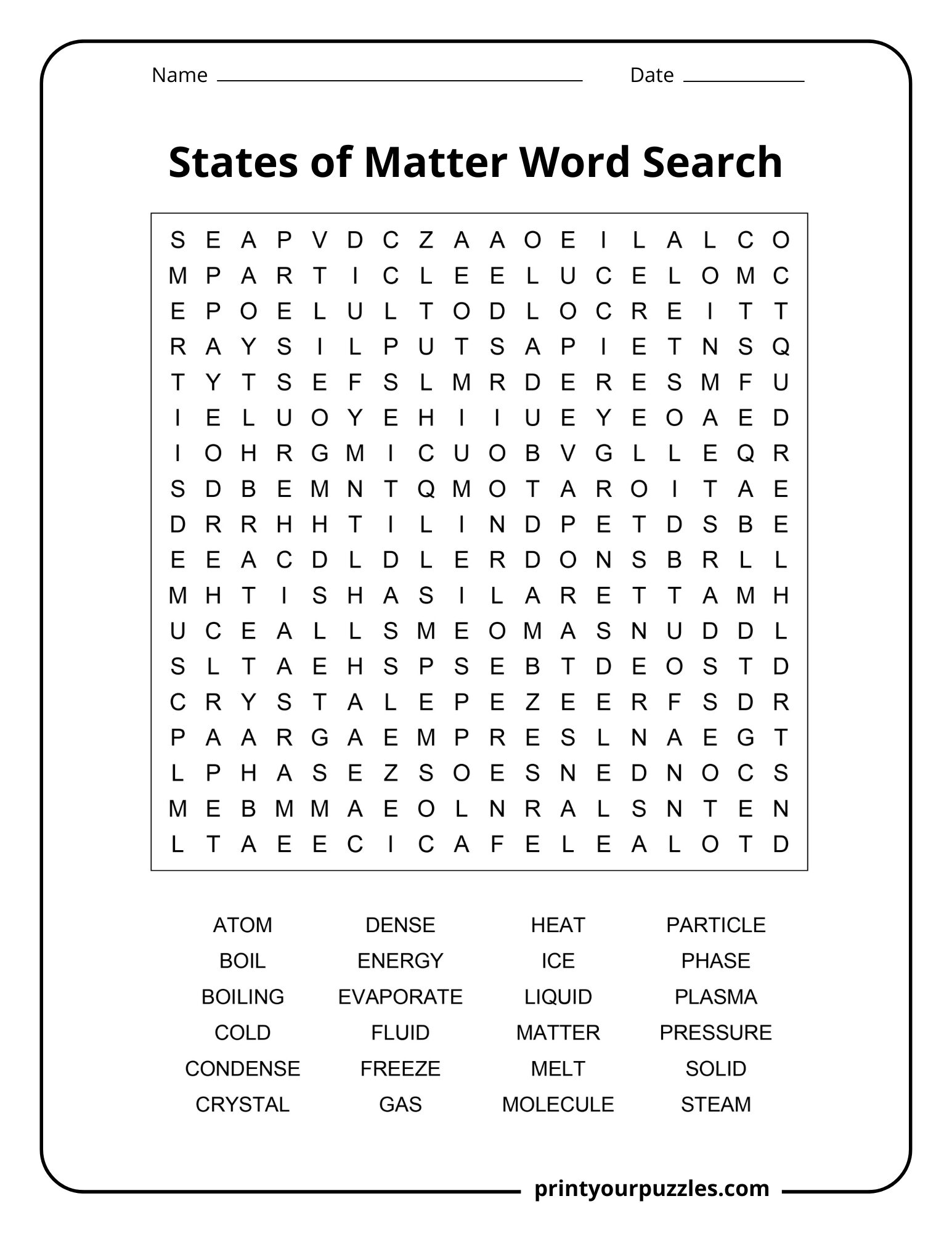States Of Matter Word Search | Print Your Puzzles