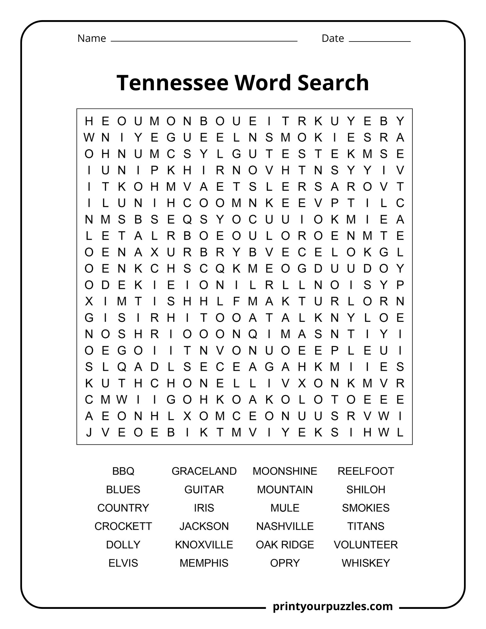Tennessee Word Search | Print Your Puzzles