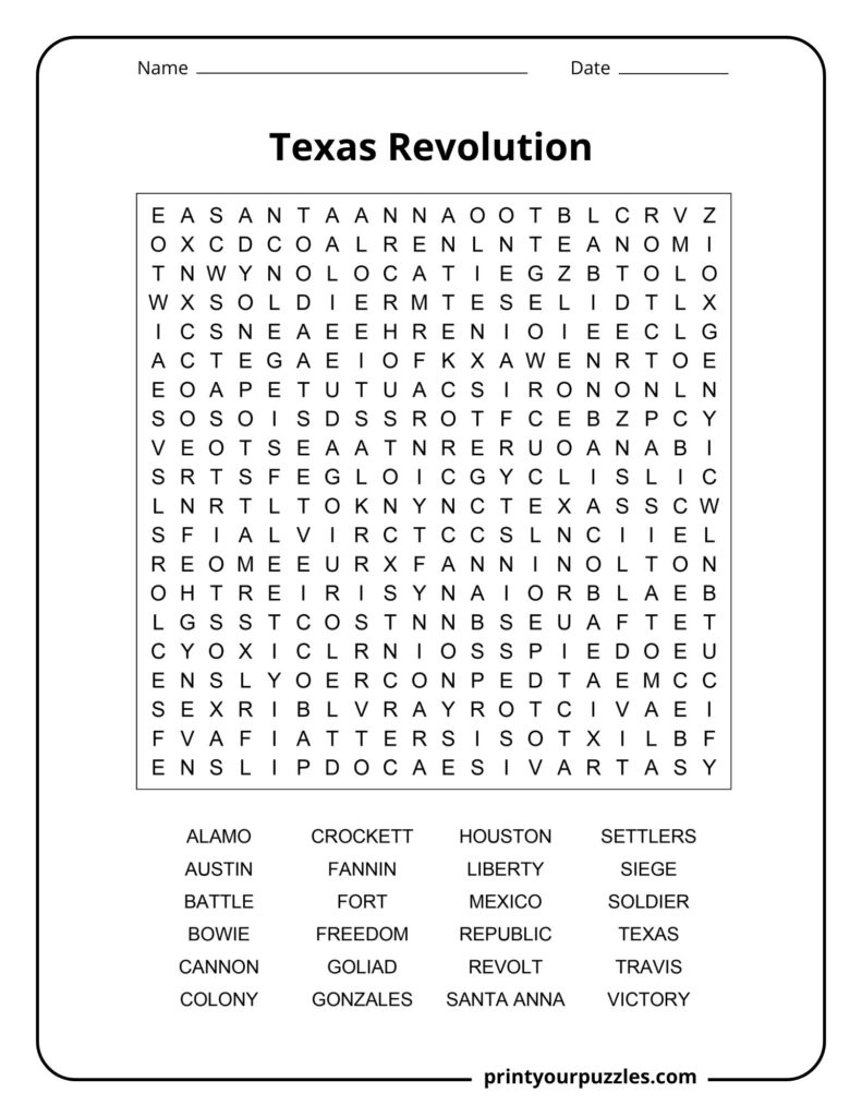 Texas Revolution Word Search | Print Your Puzzles