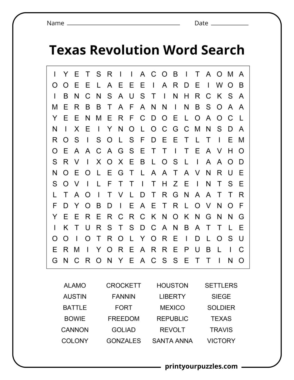 Texas Revolution Word Search | Print Your Puzzles