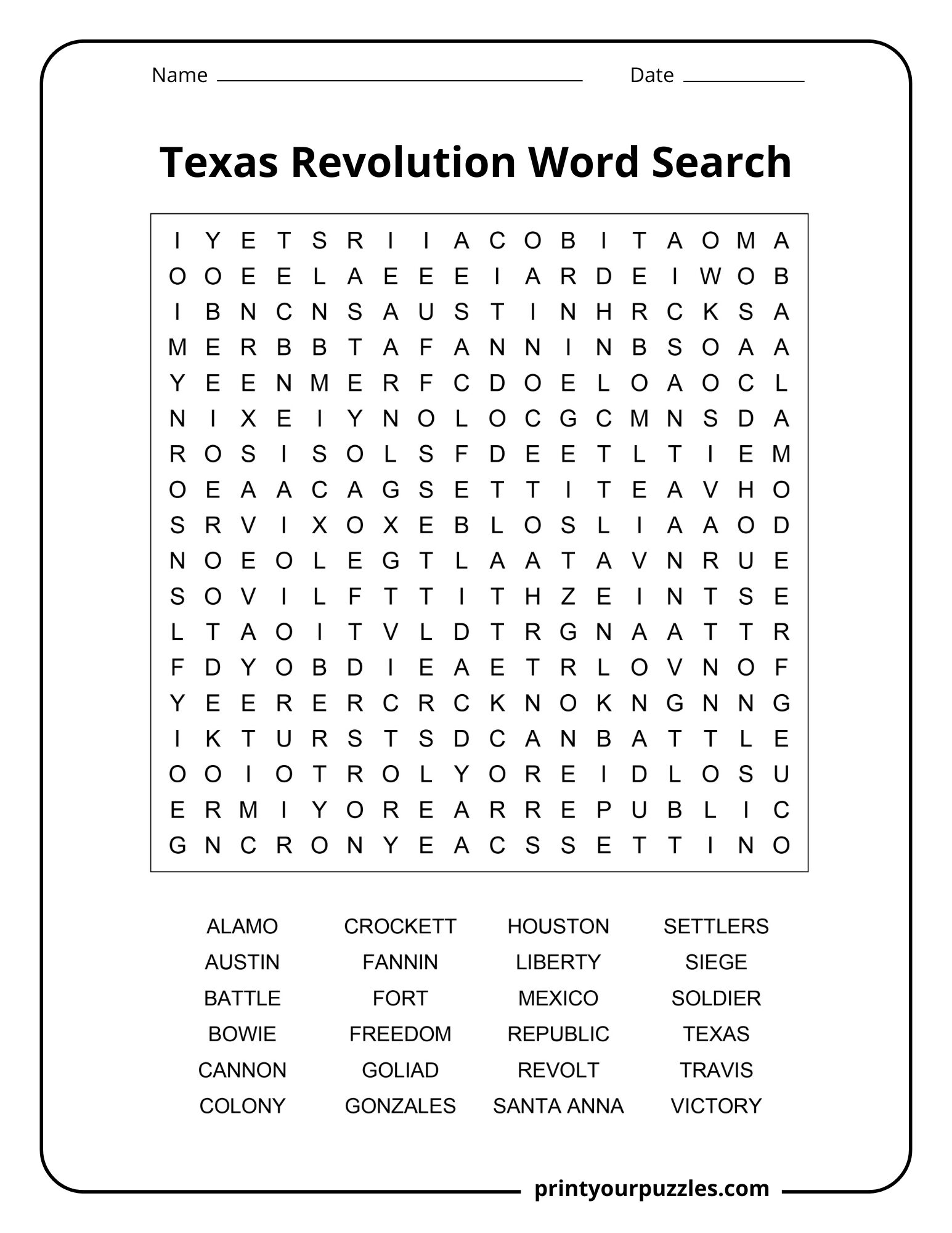Texas Revolution Word Search | Print Your Puzzles