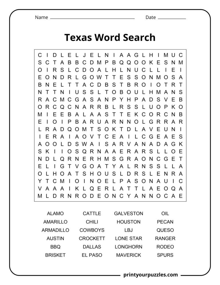 Texas Word Search | Print Your Puzzles