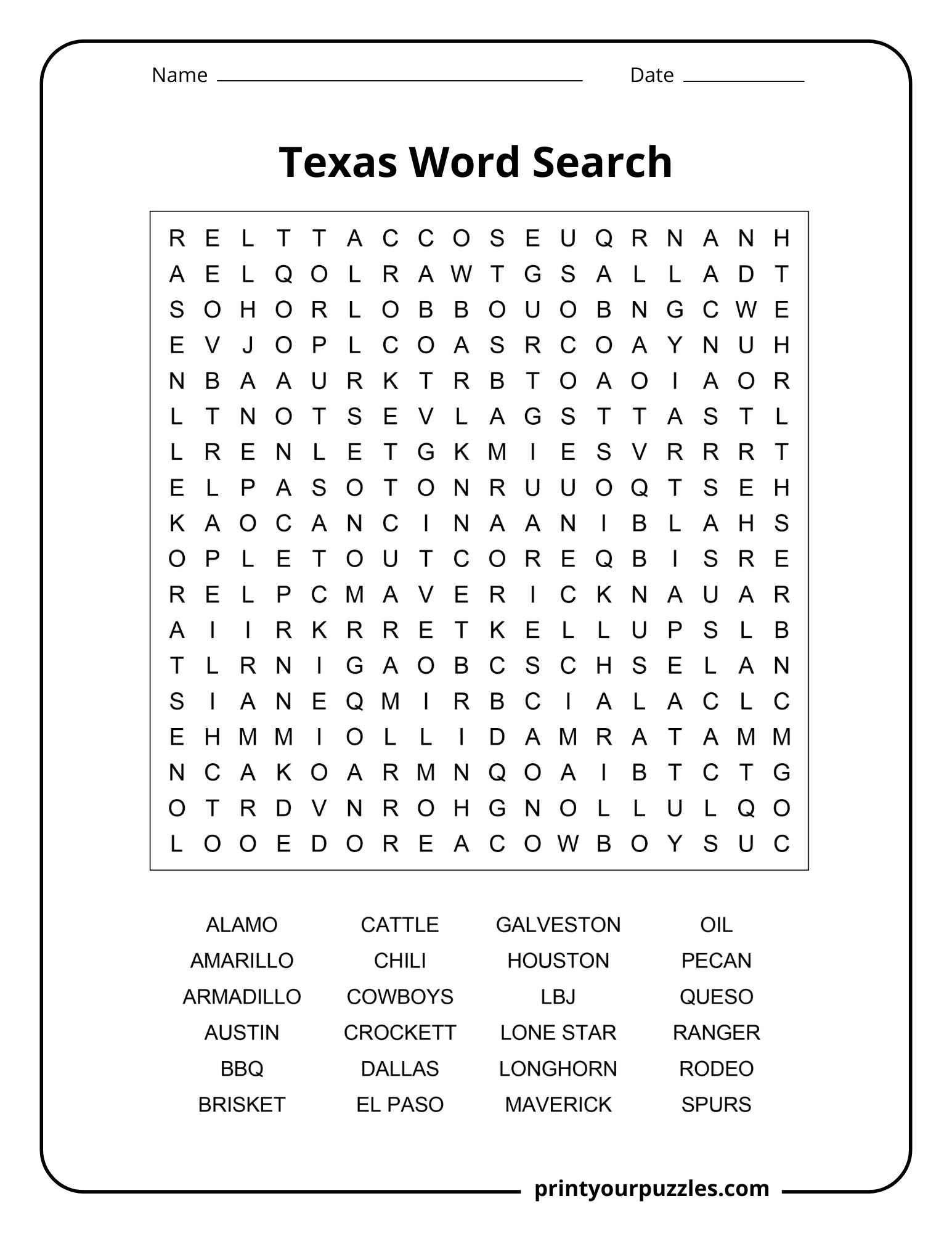 Texas Word Search | Print Your Puzzles