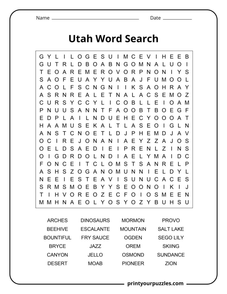 Utah Word Search | Print Your Puzzles