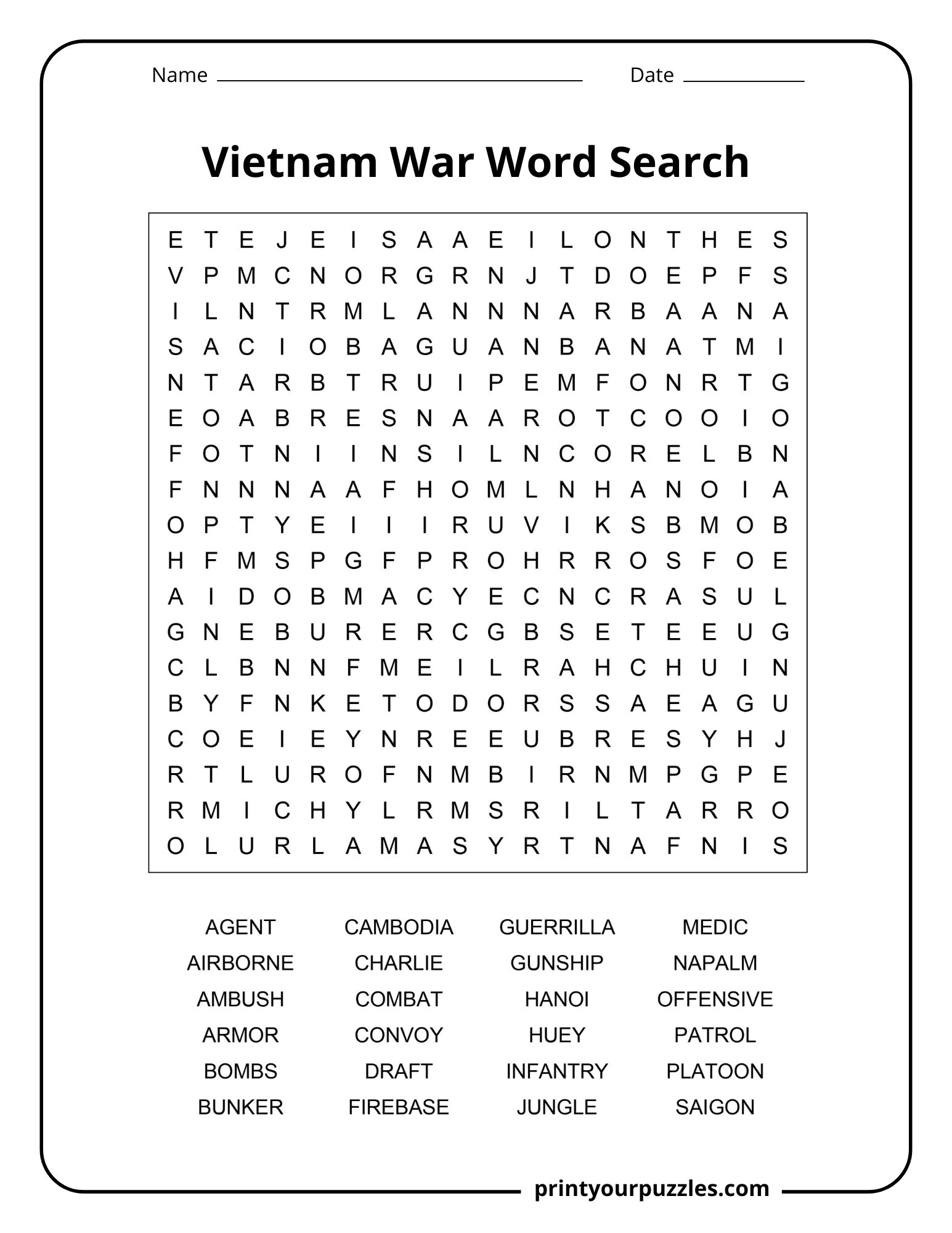 Vietnam War Word Search | Print Your Puzzles