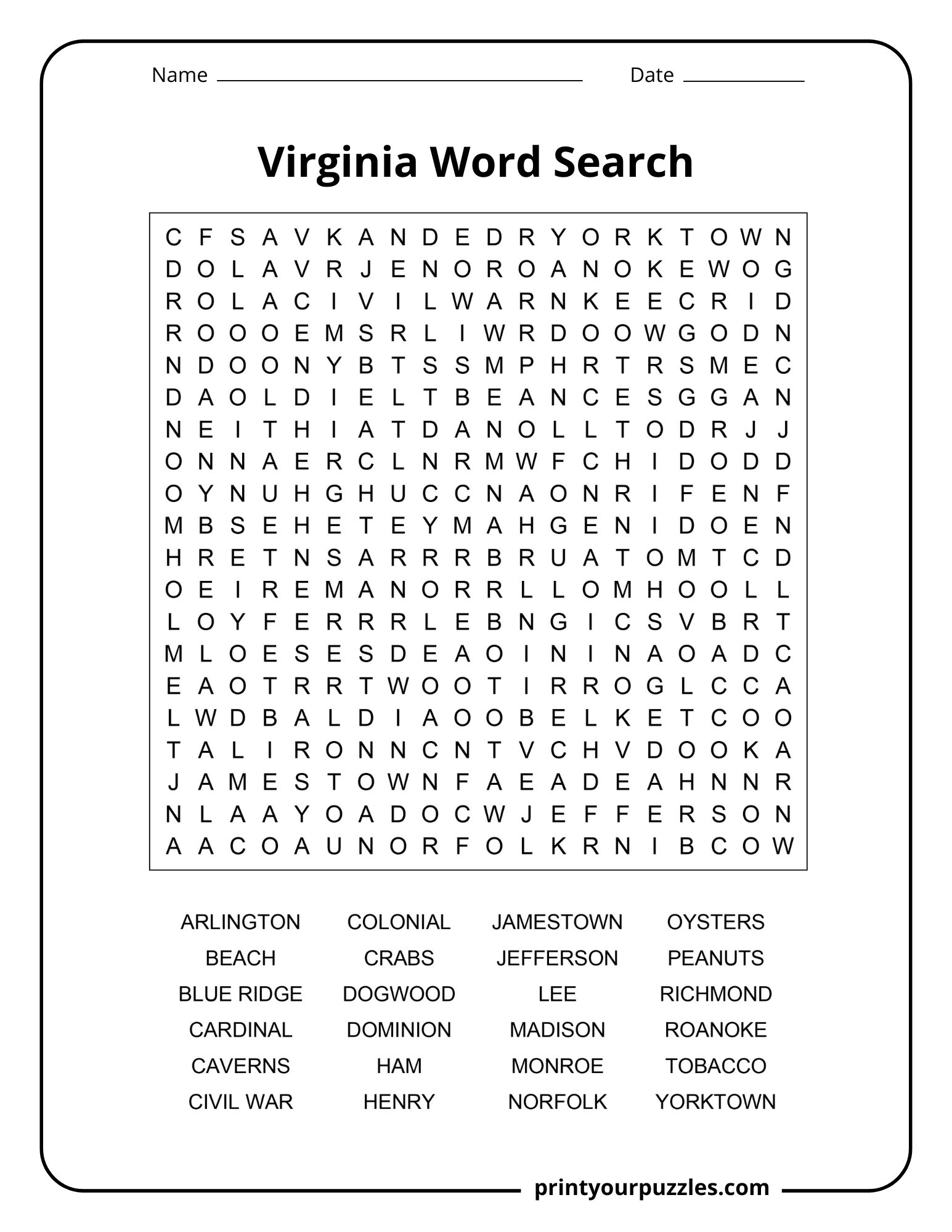 Virginia Word Search | Print Your Puzzles