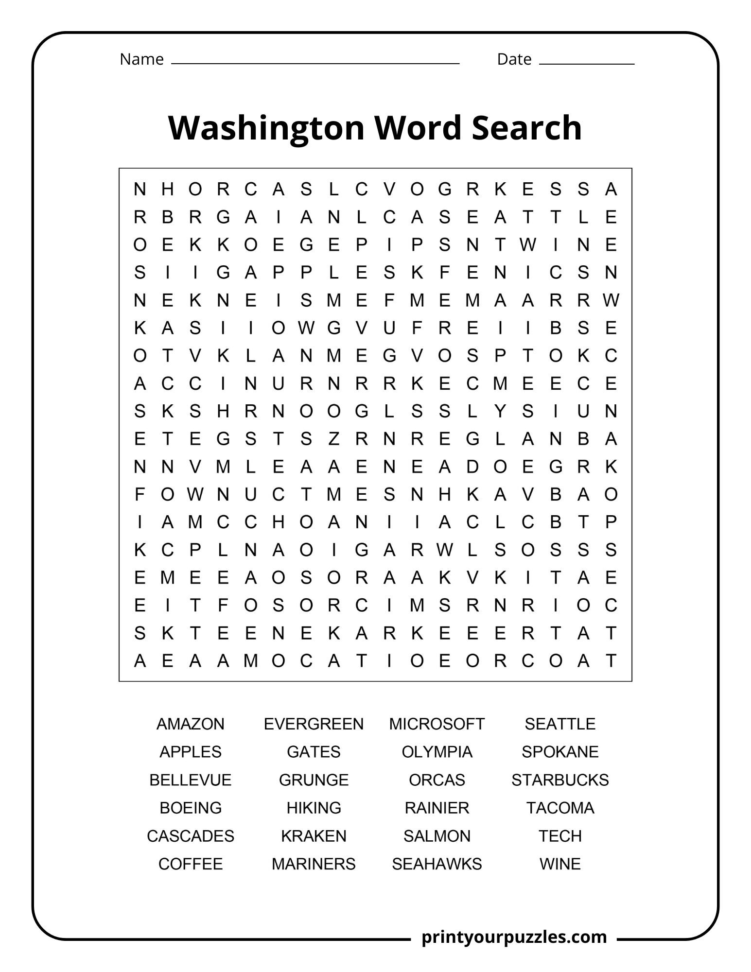 Washington Word Search | Print Your Puzzles