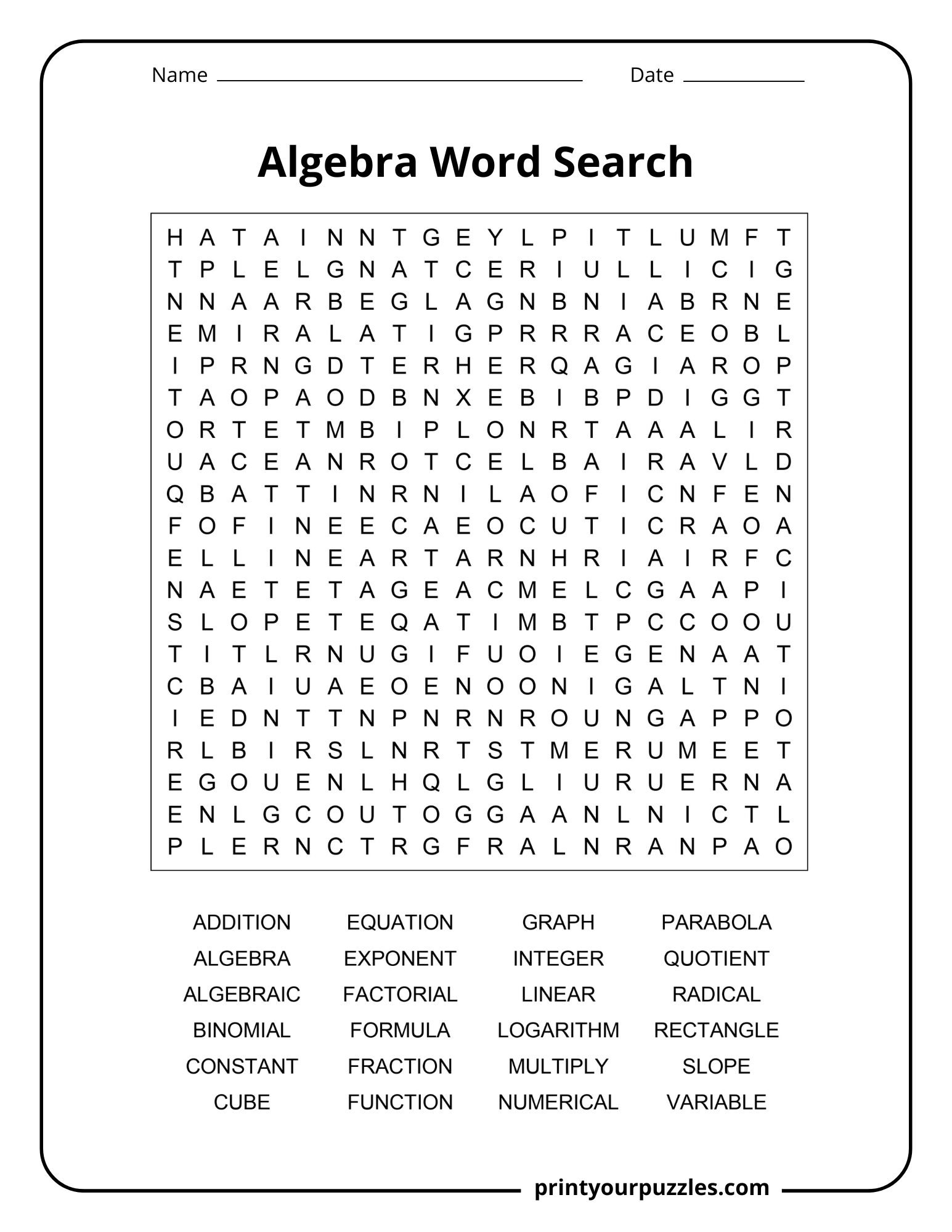 Algebra Word Search | Print Your Puzzles