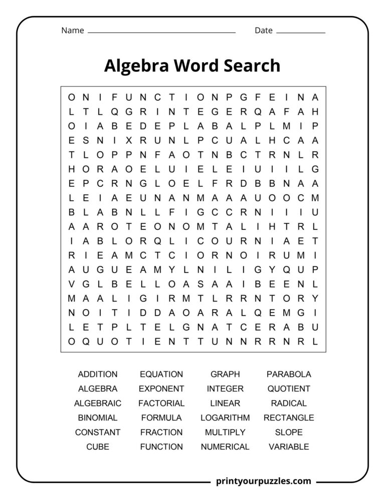 Algebra Word Search | Print Your Puzzles