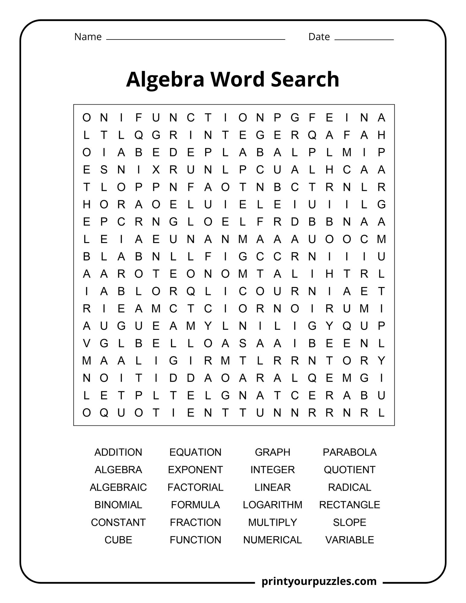 Algebra Word Search | Print Your Puzzles