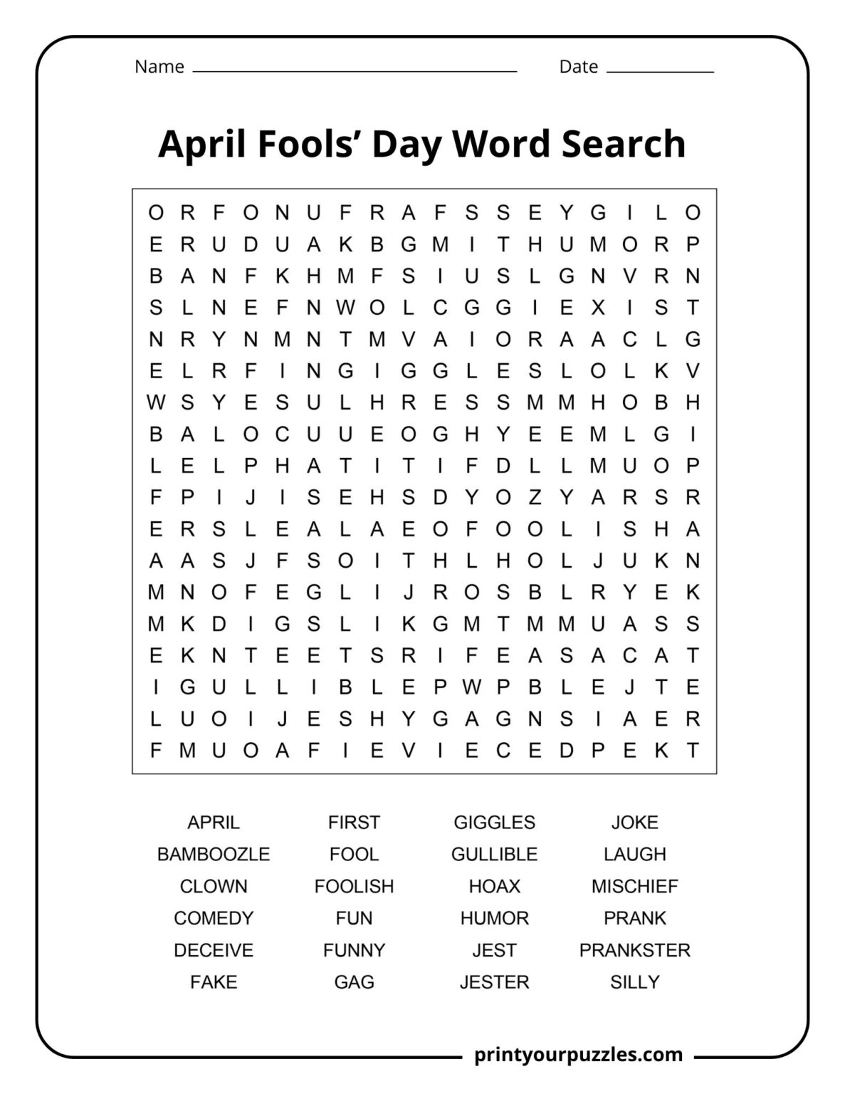 April Fools' Day Word Search | Print Your Puzzles