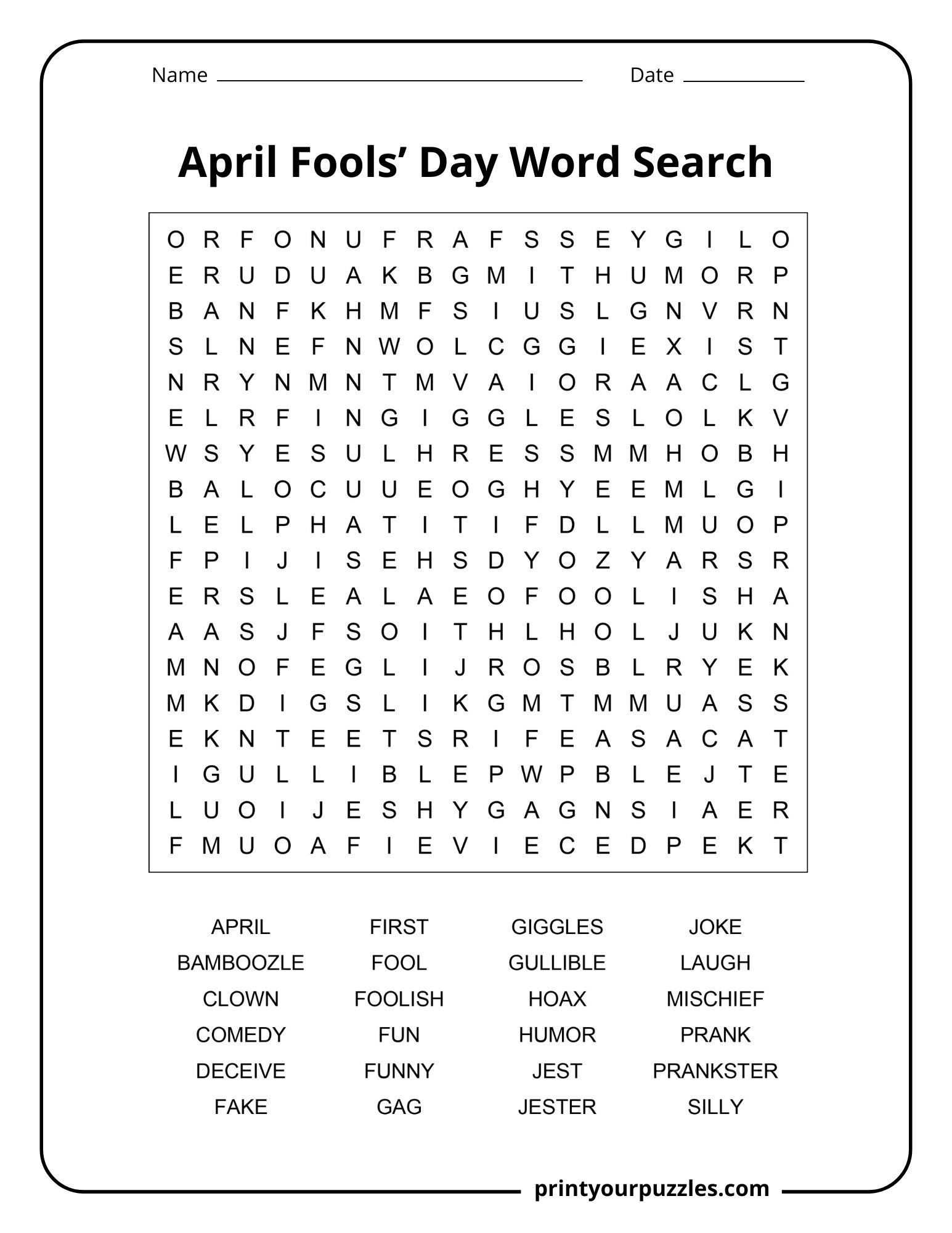 April Fools' Day Word Search | Print Your Puzzles
