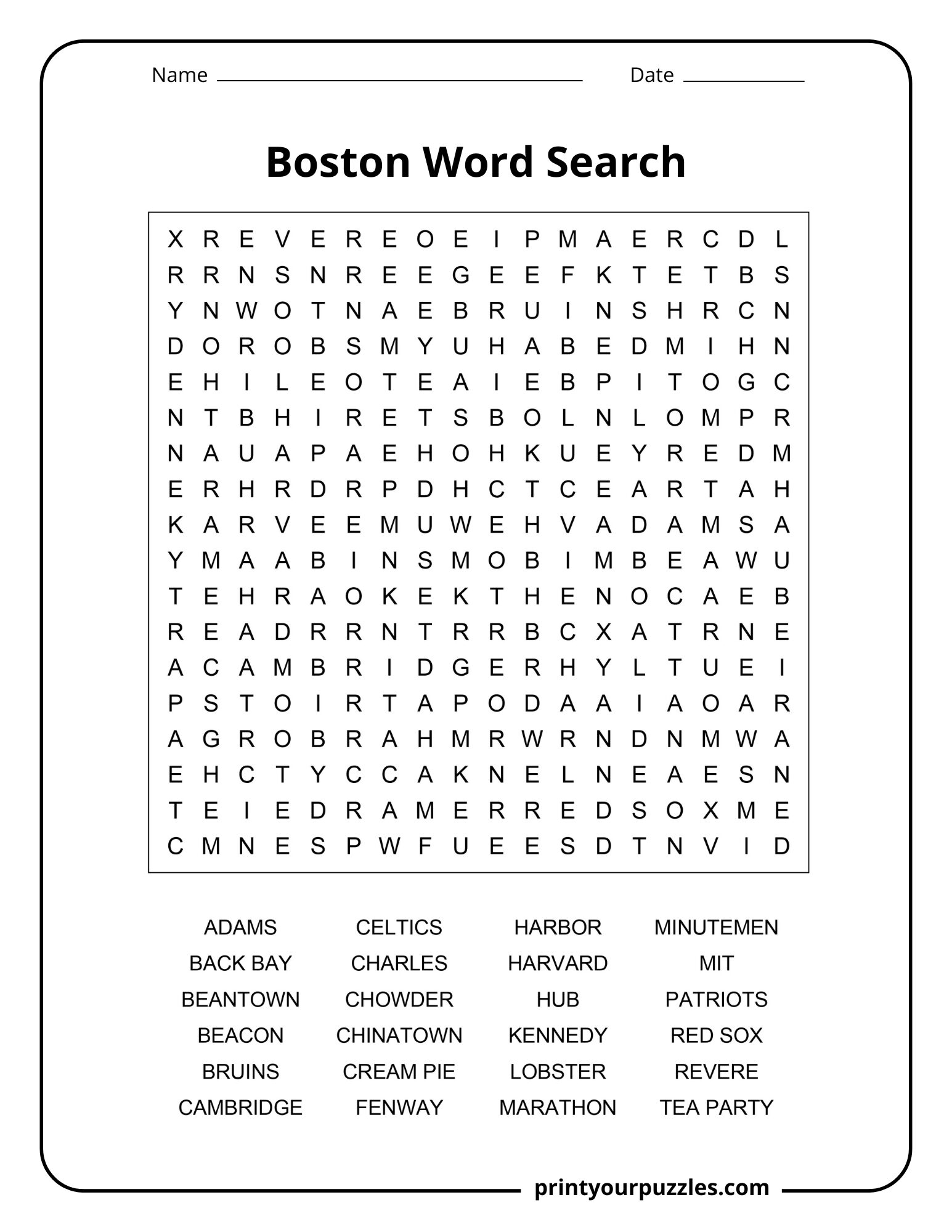 Boston Word Search | Print Your Puzzles