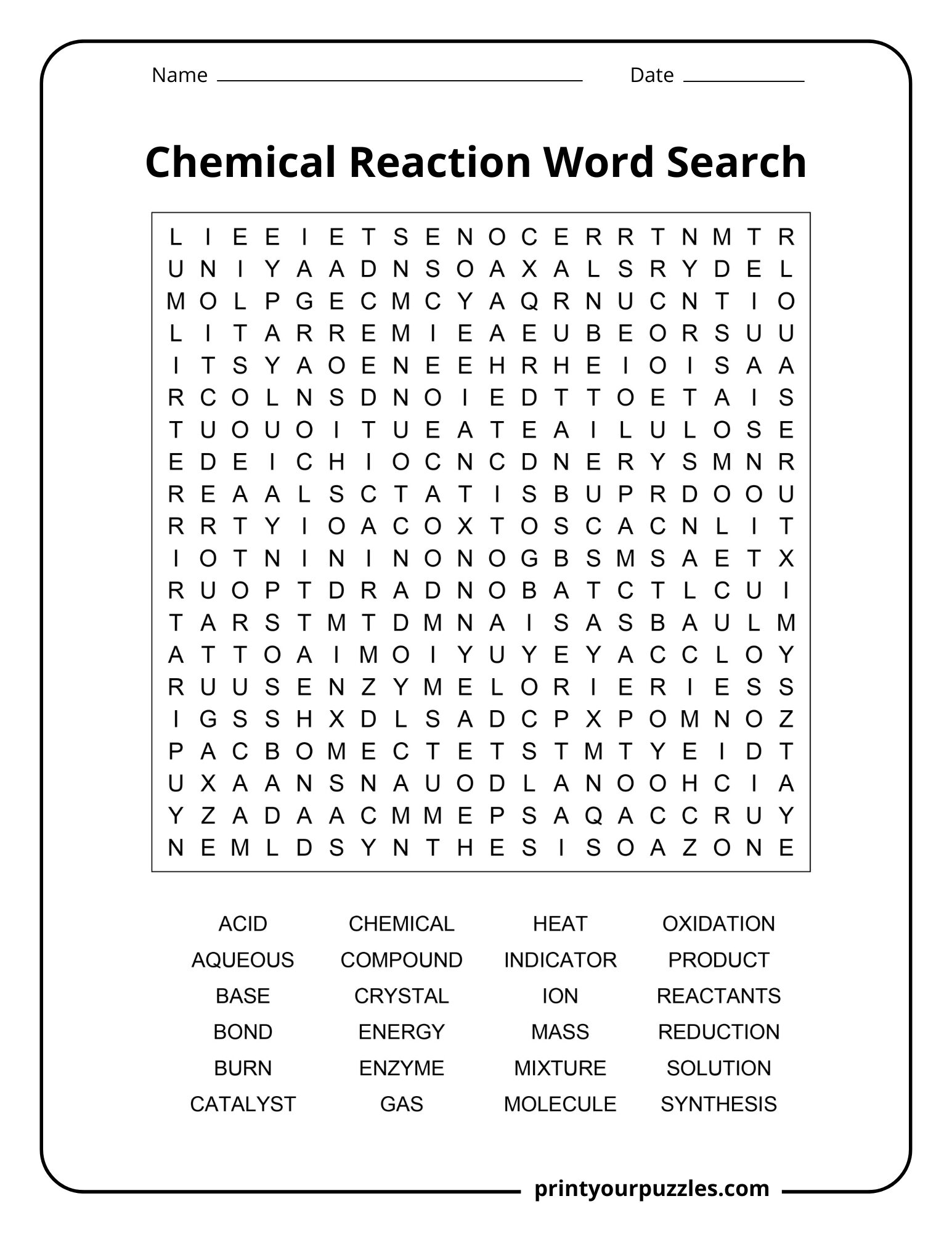 Chemical Reaction Word Search | Print Your Puzzles