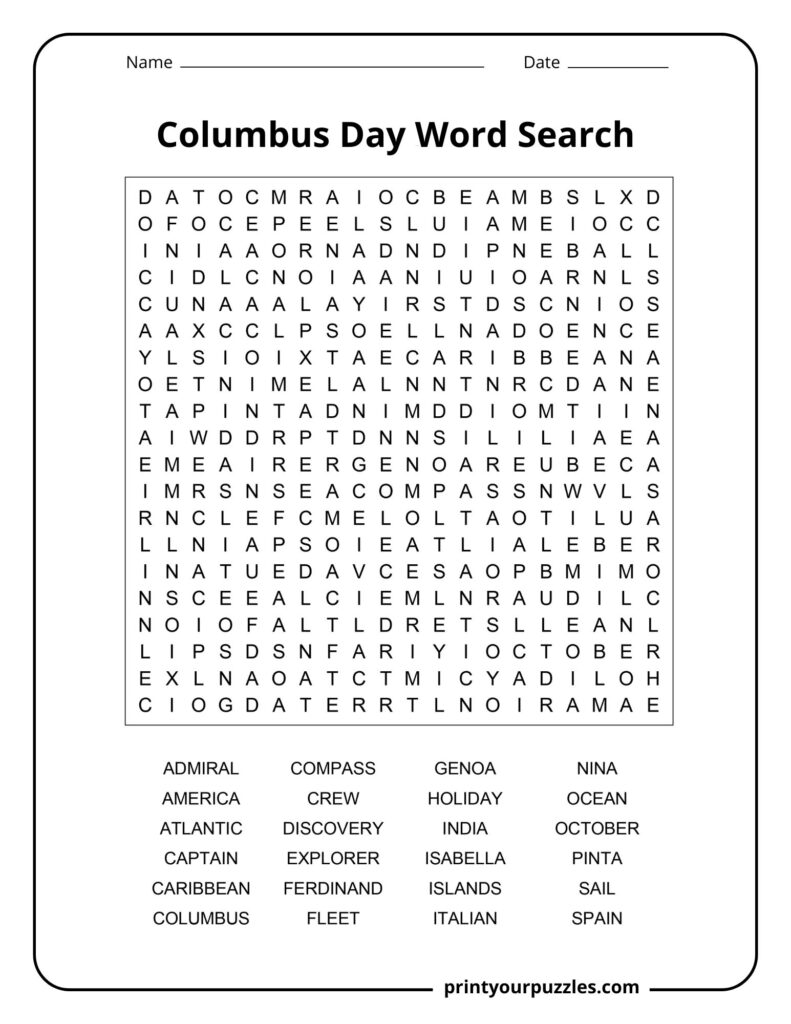 Columbus Day Word Search | Print Your Puzzles