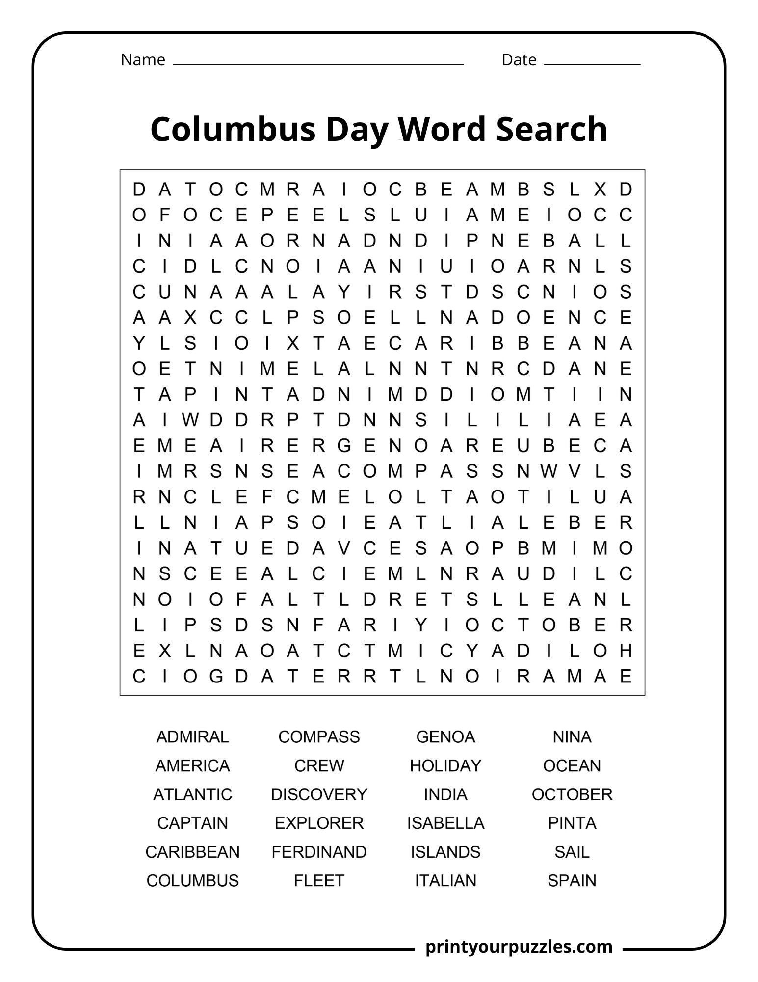 Columbus Day Word Search | Print Your Puzzles