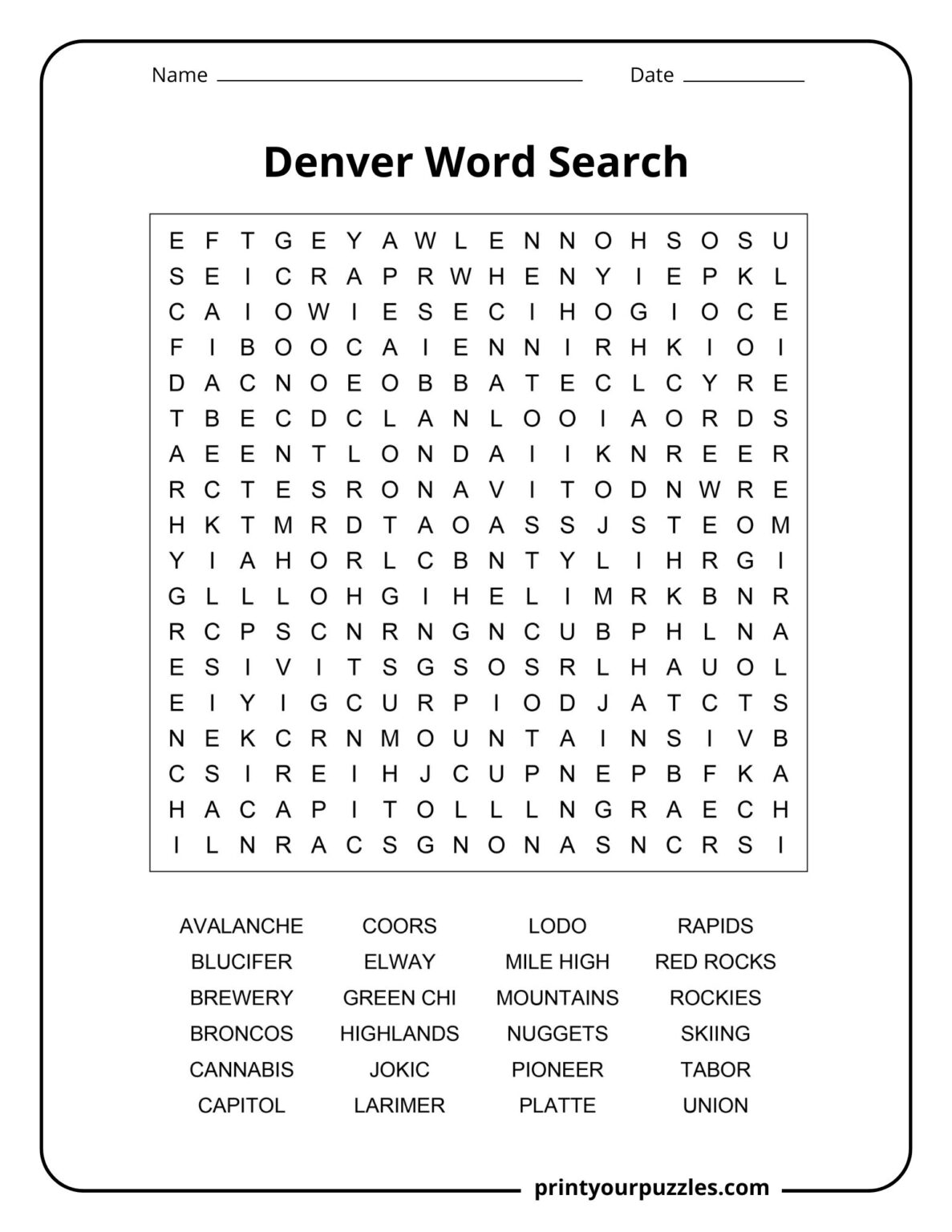 Denver Word Search | Print Your Puzzles