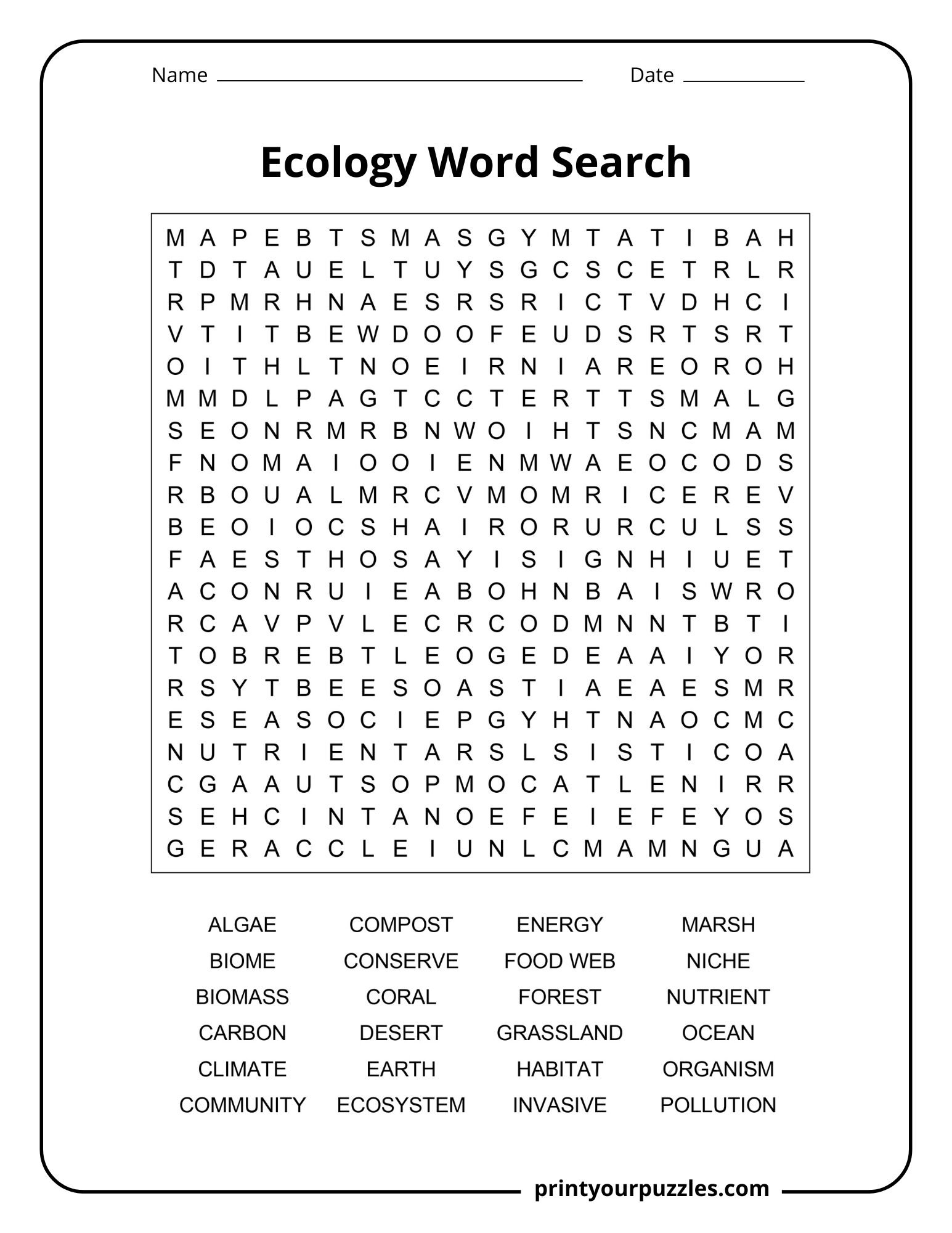 Ecology Word Search | Print Your Puzzles