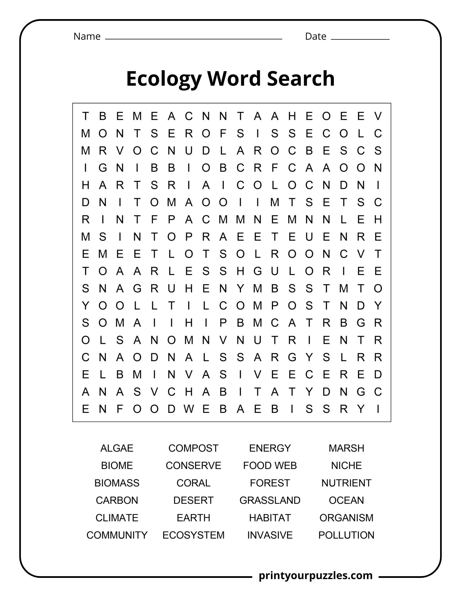 Ecology Word Search | Print Your Puzzles