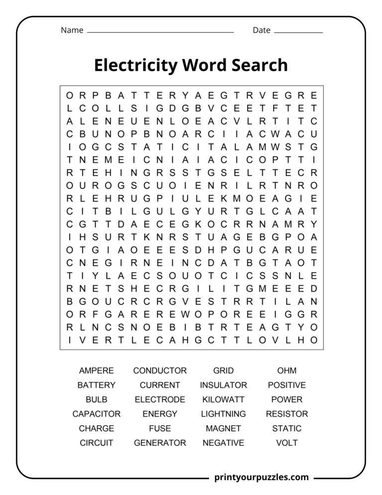 Electricity Word Search | Print Your Puzzles
