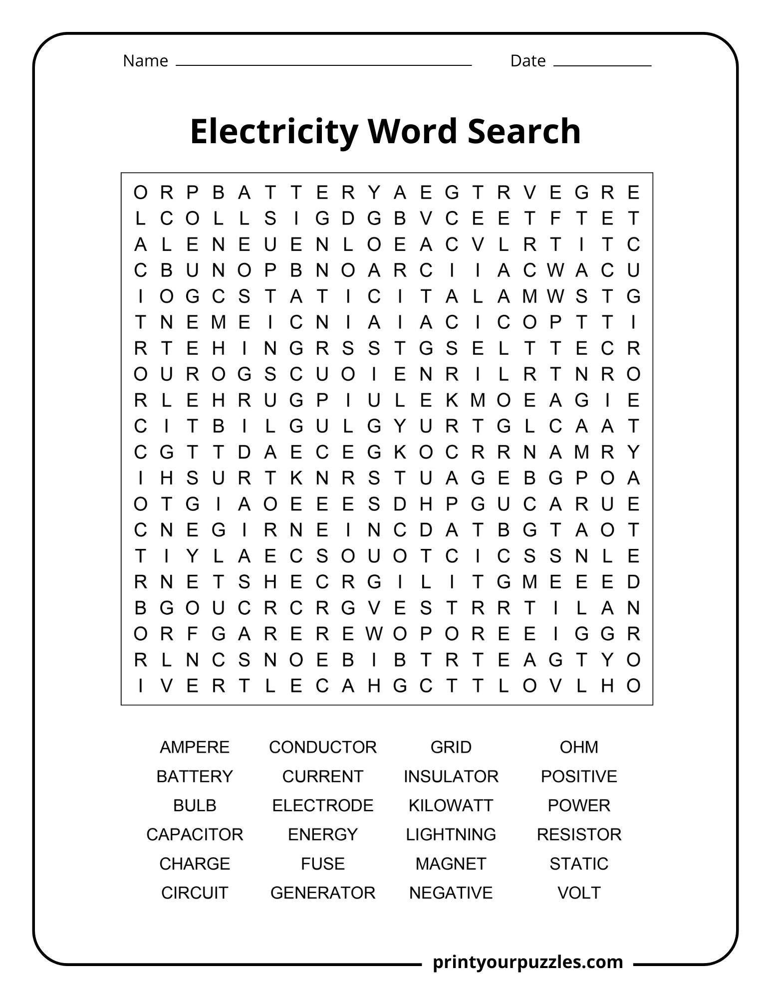 Electricity Word Search | Print Your Puzzles