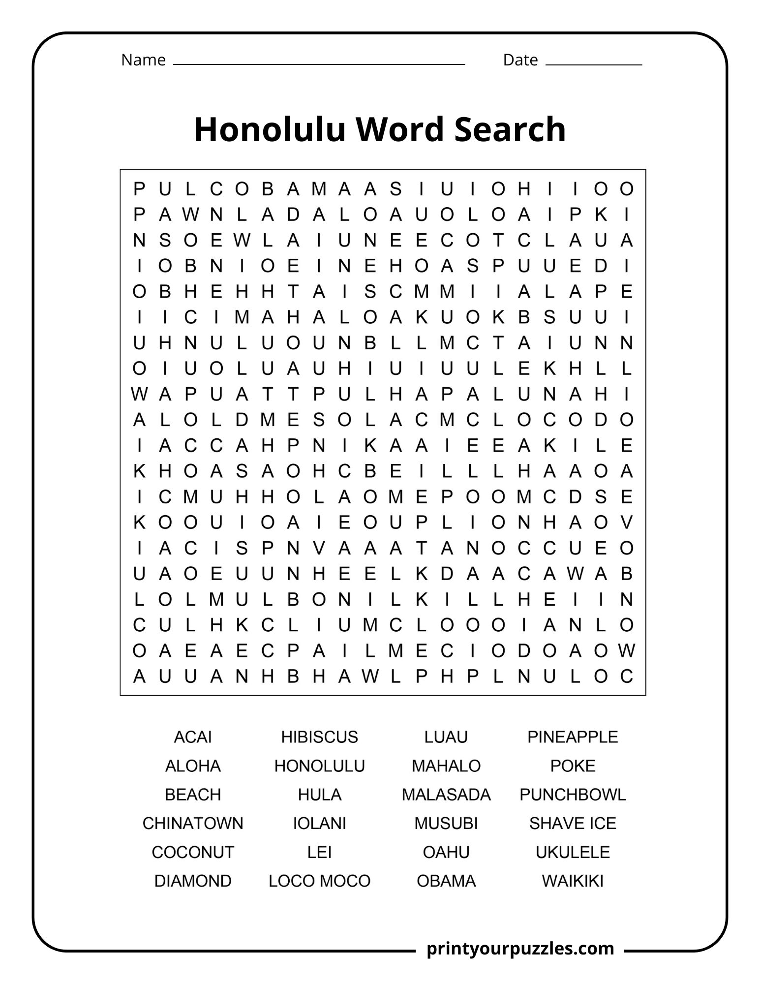 Honolulu Word Search | Print Your Puzzles