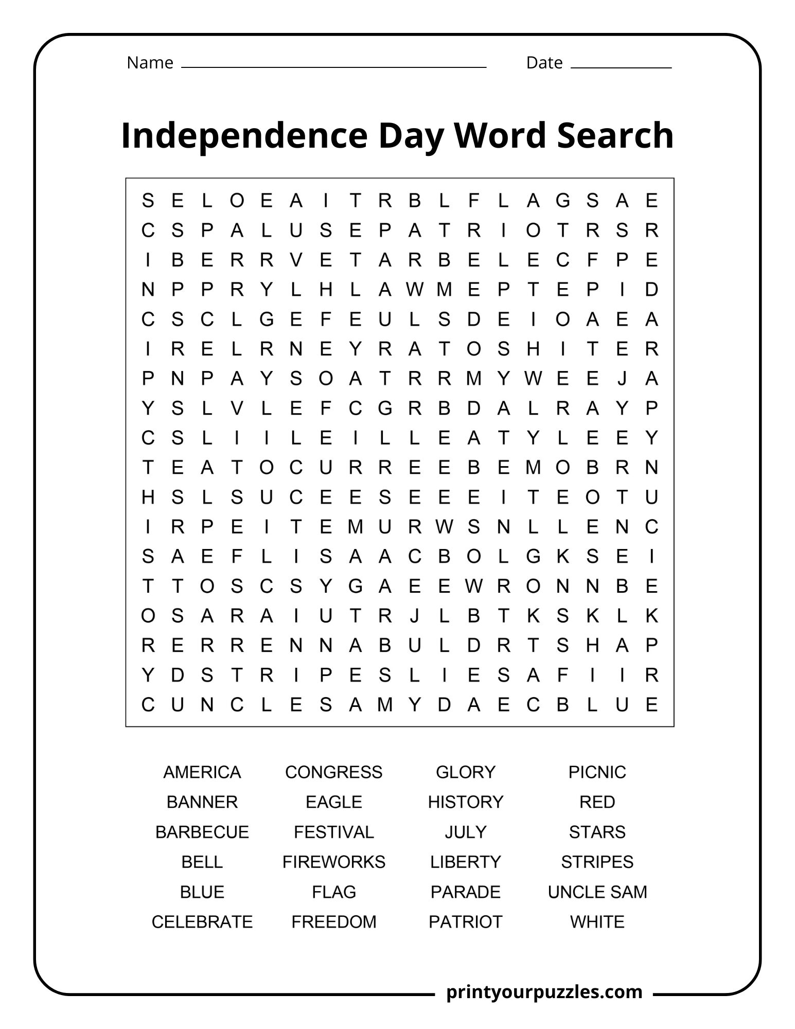 Independence Day Word Search | Print Your Puzzles