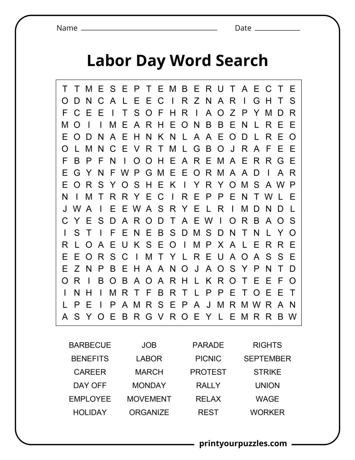 Labor Day Word Search | Print Your Puzzles