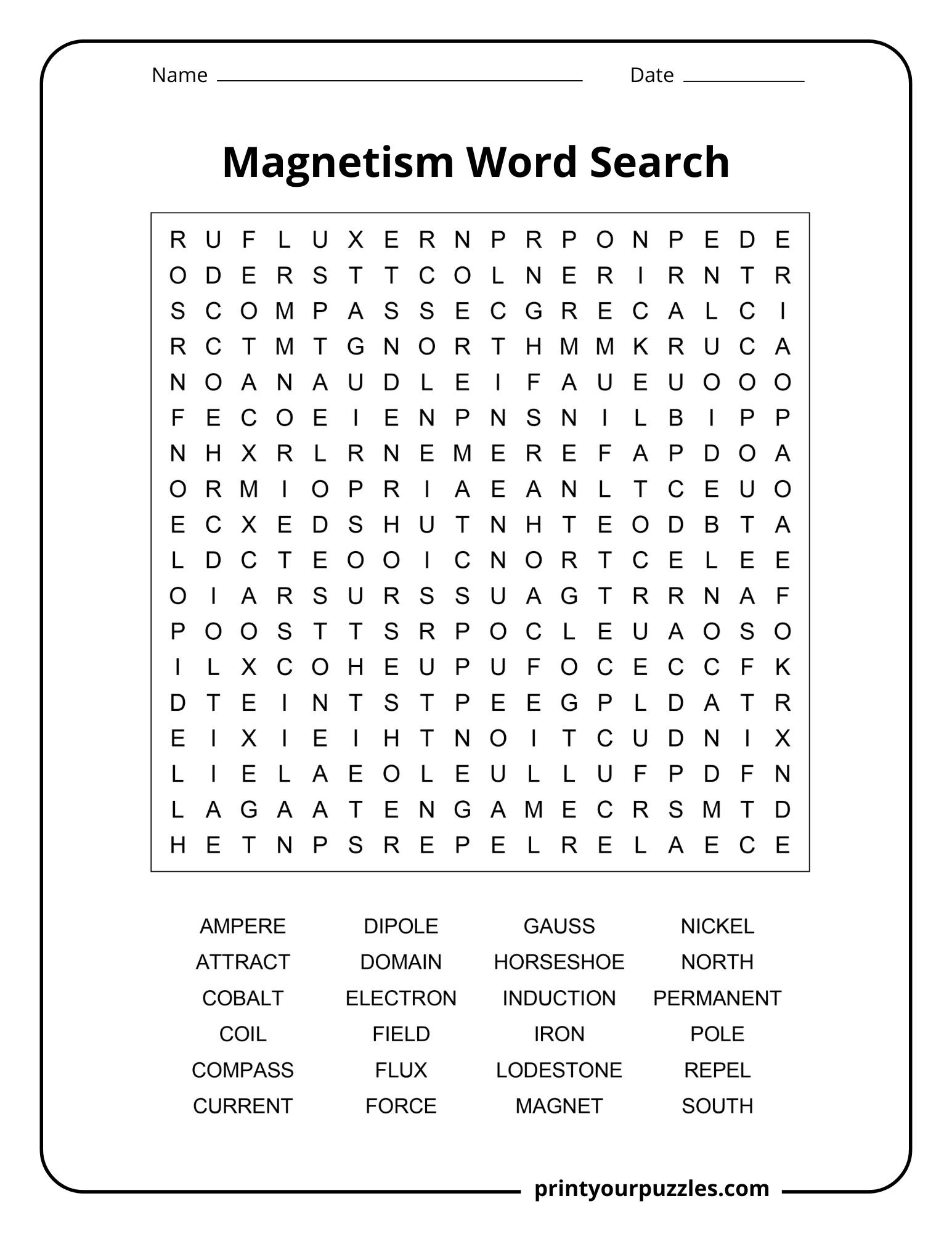 Magnetism Word Search | Print Your Puzzles