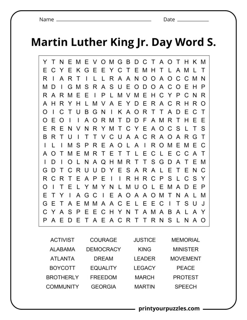 Martin Luther King Jr. Day Word Search | Print Your Puzzles