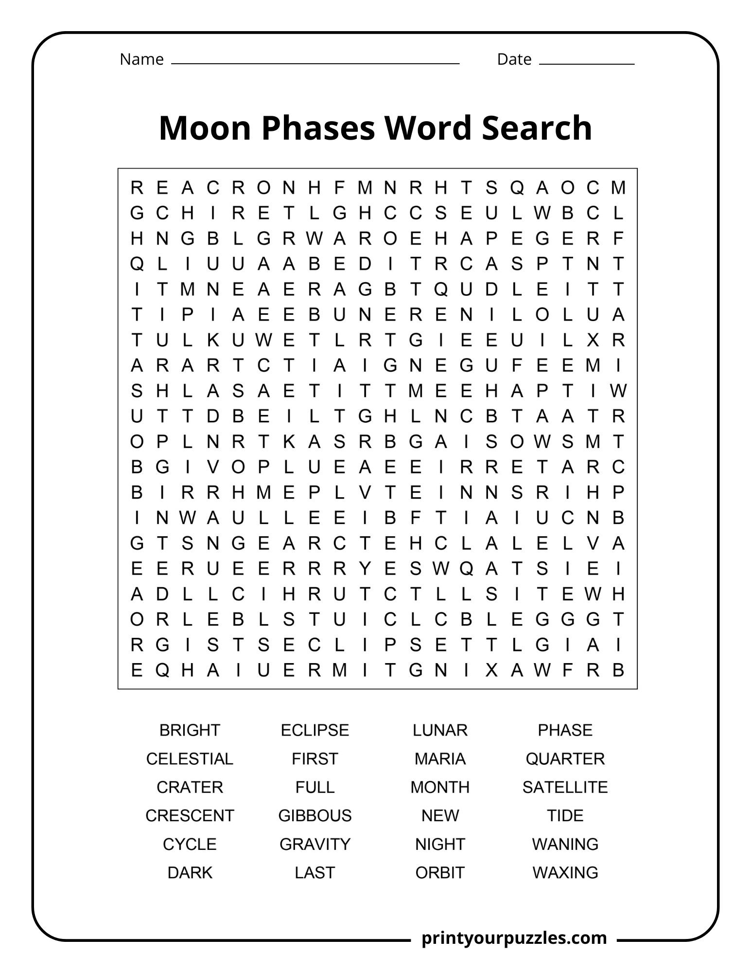 Moon Phases Word Search | Print Your Puzzles